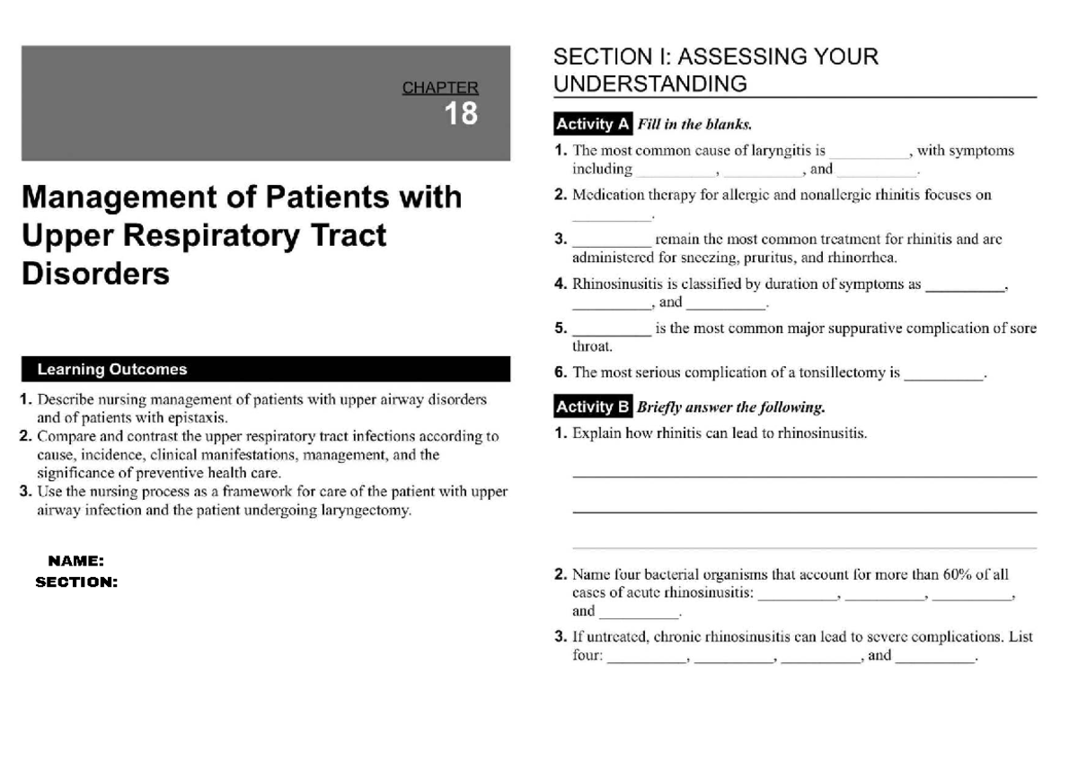 KPG 18: Upper Respiratory Disorders - Chapter Understanding Activities - Studocu
