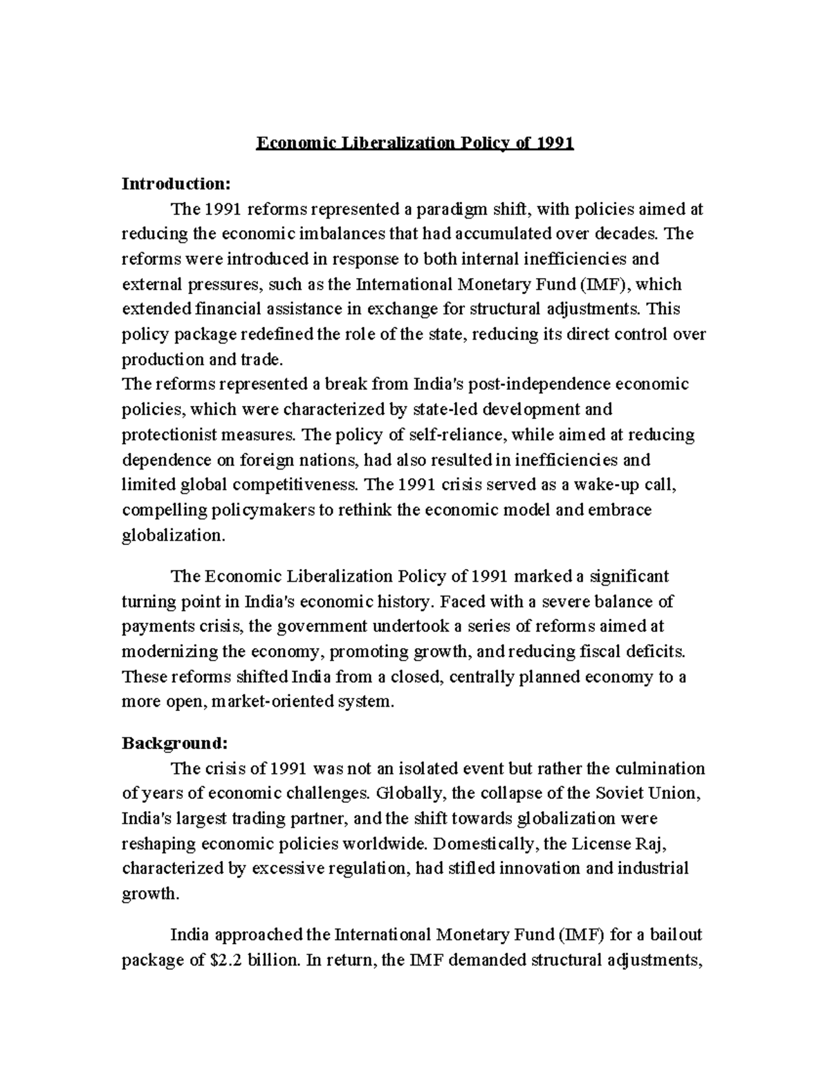 Economic Liberalization Policy of 1991: A Transformative Shift - Studocu