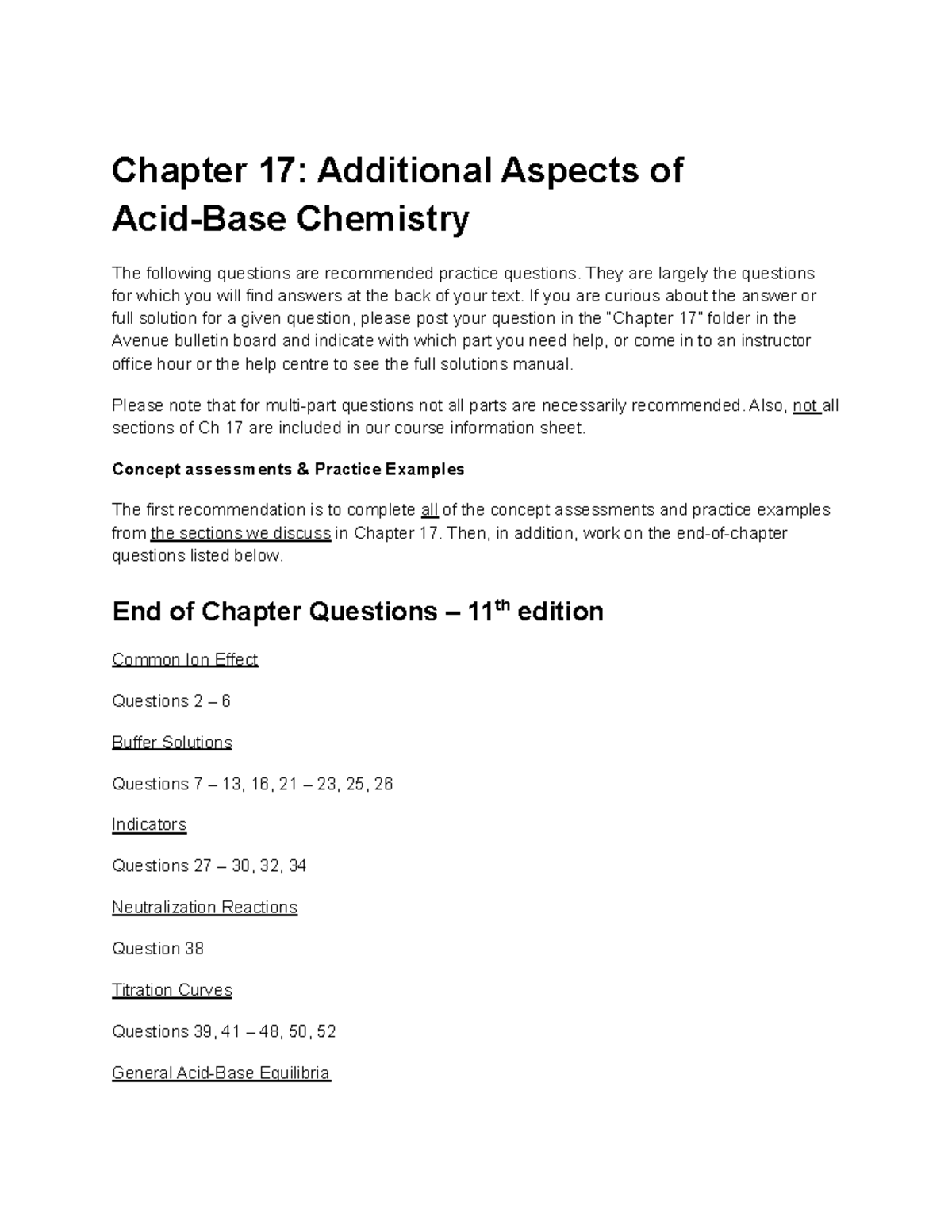 Chem 1aa3 review questions - Chapter 17: Additional Aspects of Acid ...
