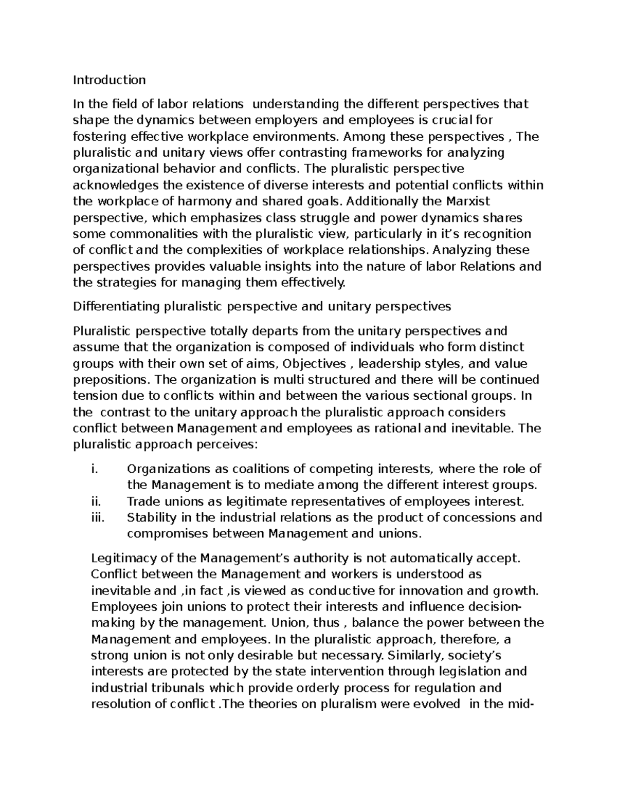 Labor Relations Perspectives: Pluralistic vs. Unitary Views (BL101 ...