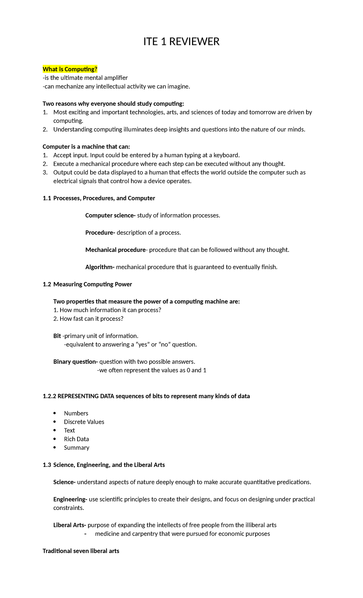 ITE-1: Comprehensive Computing Concepts and Insights Reviewer - Studocu