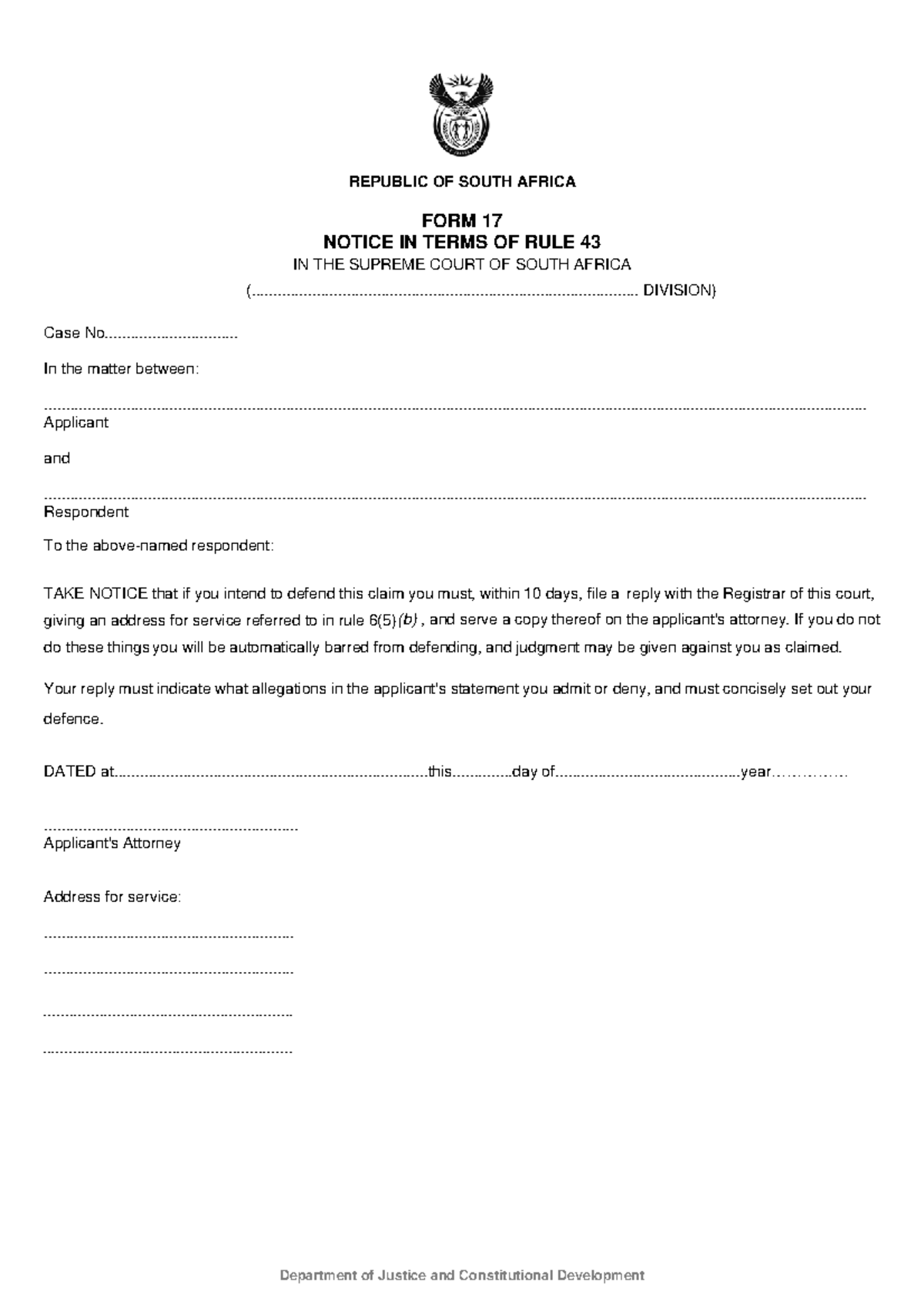 HCUR Form 17 - Notice as per Rule 43 in the Supreme Court - Studocu