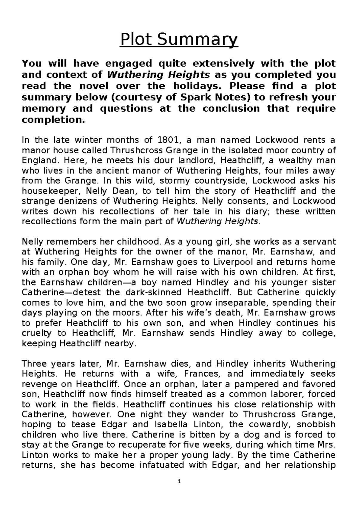 Wuthering Heights (ENG 101): Plot Summary & Character Analysis - Studocu