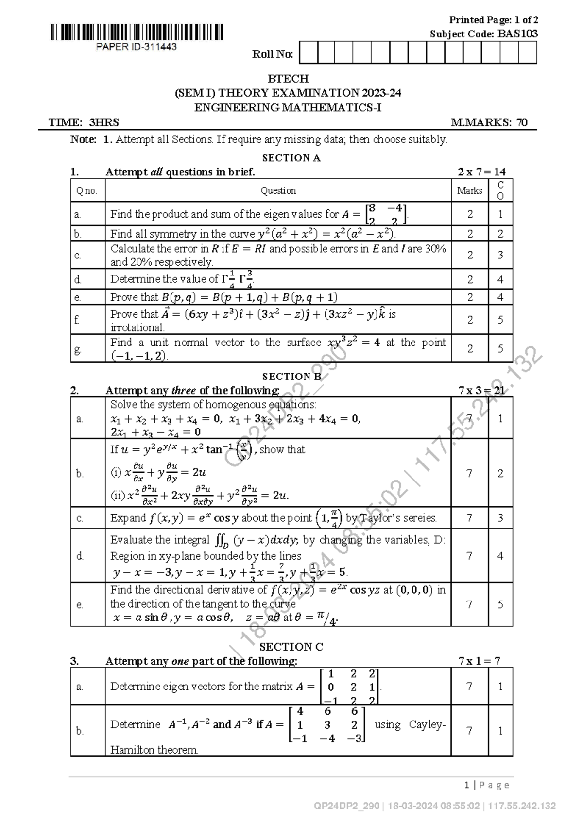 AKTU Maths-1 I-Year Engineering Mathematics-I Question Paper 2023 - Studocu