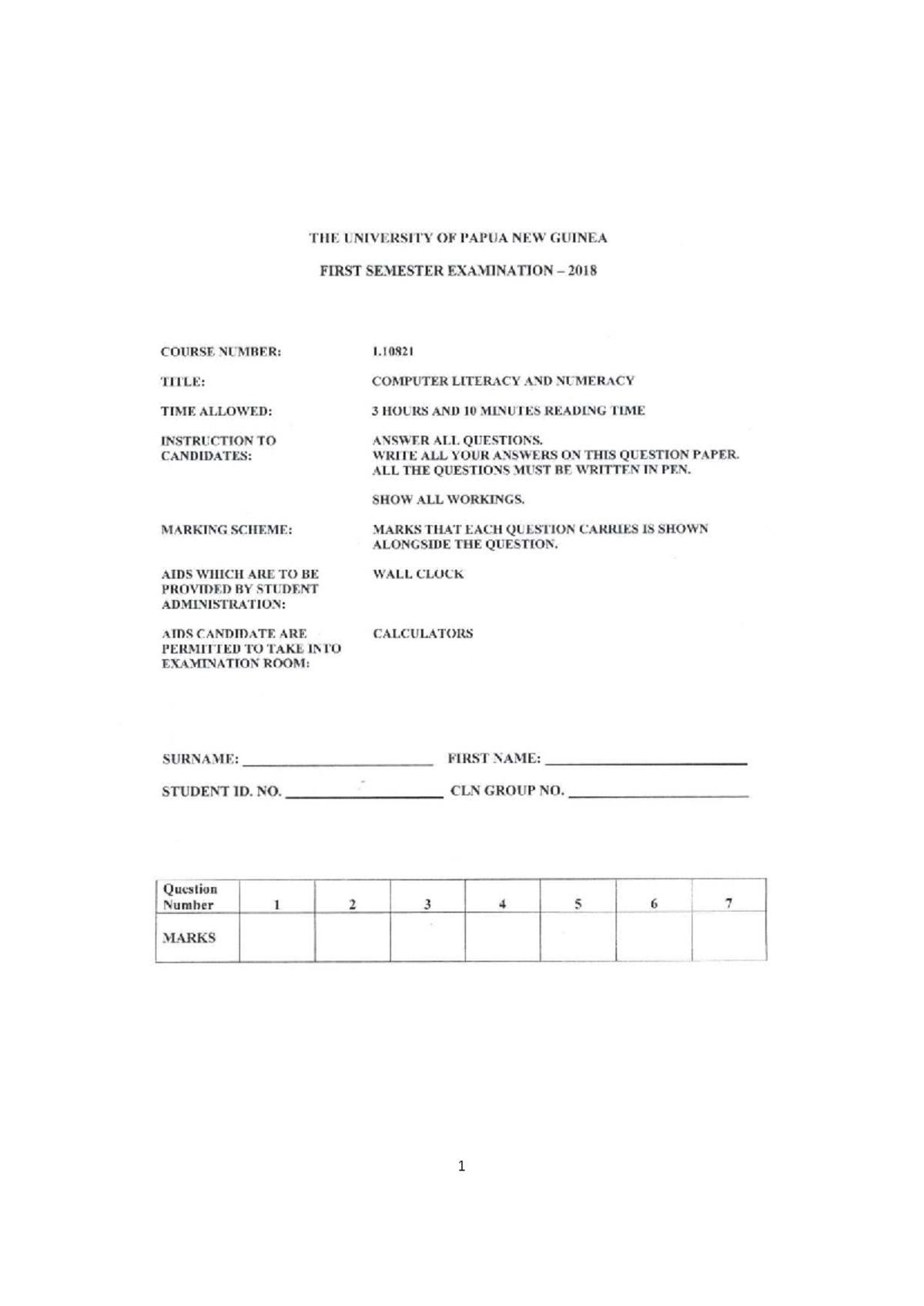 1.10821 Final Exam: Computer Literacy and Numeracy 2018 - Studocu