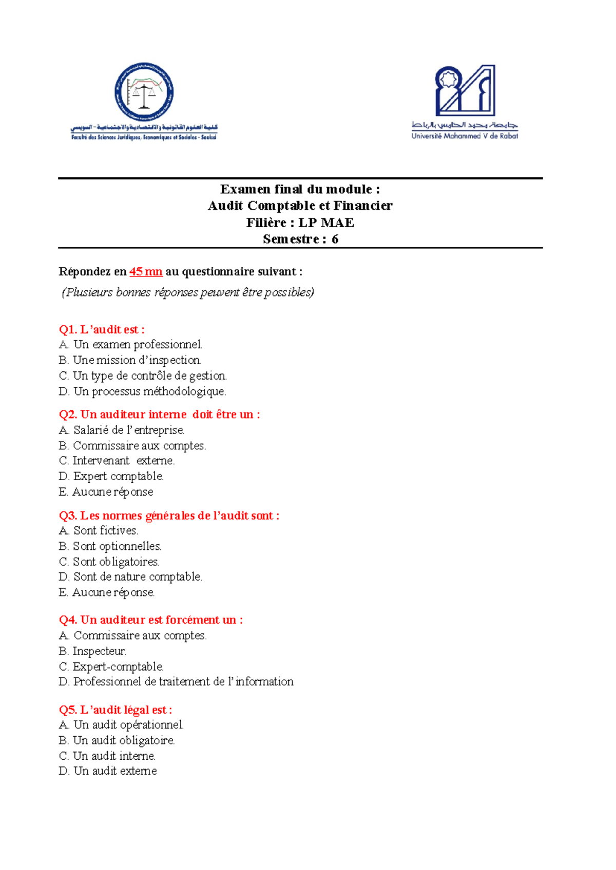Examen final LP MAE 6 : Audit Comptable et Financier 2020 - Studocu