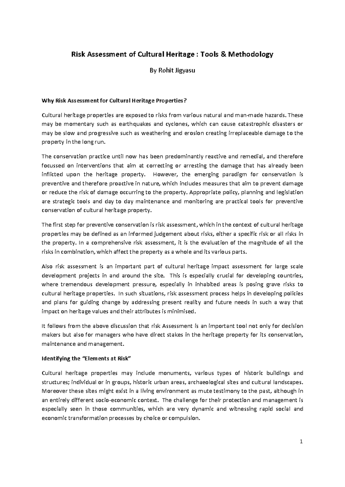 Risk Assessment of Cultural Heritage: Tools & Methodology (2019) - Studocu