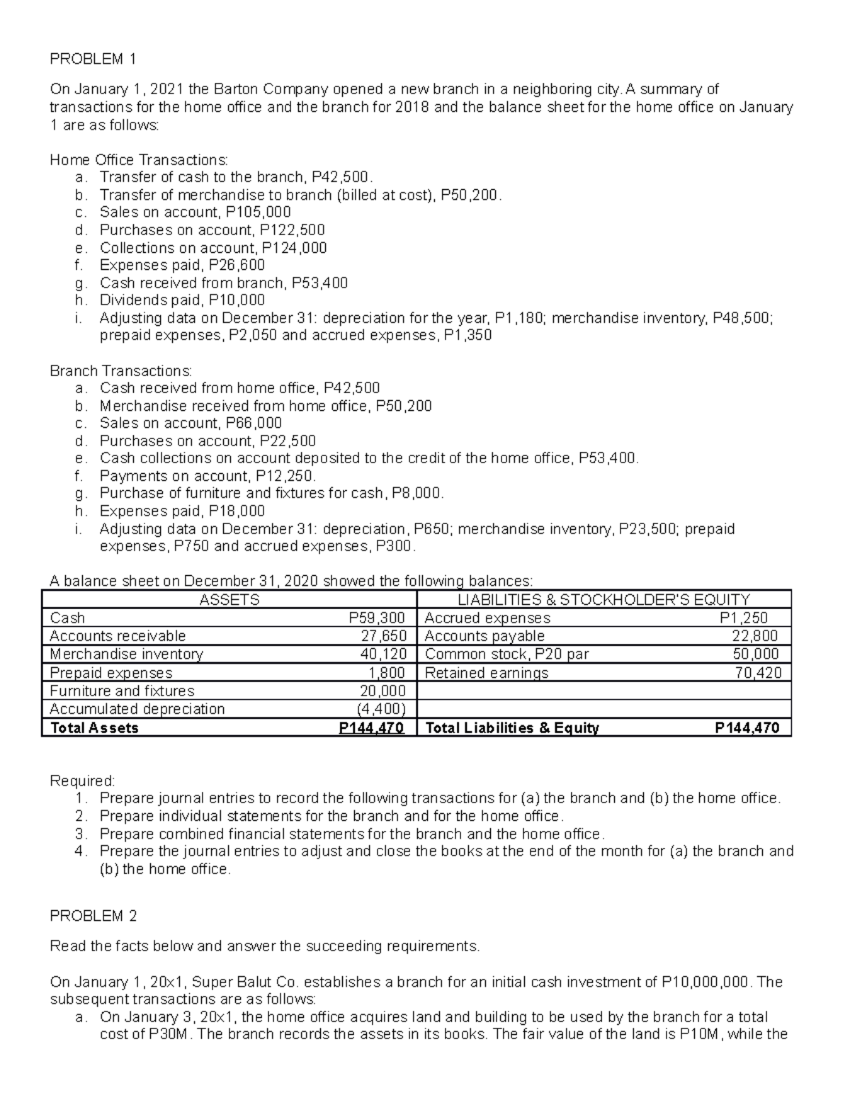 Home and Branch Accounting Assignment-HB: Journal Entries and ...