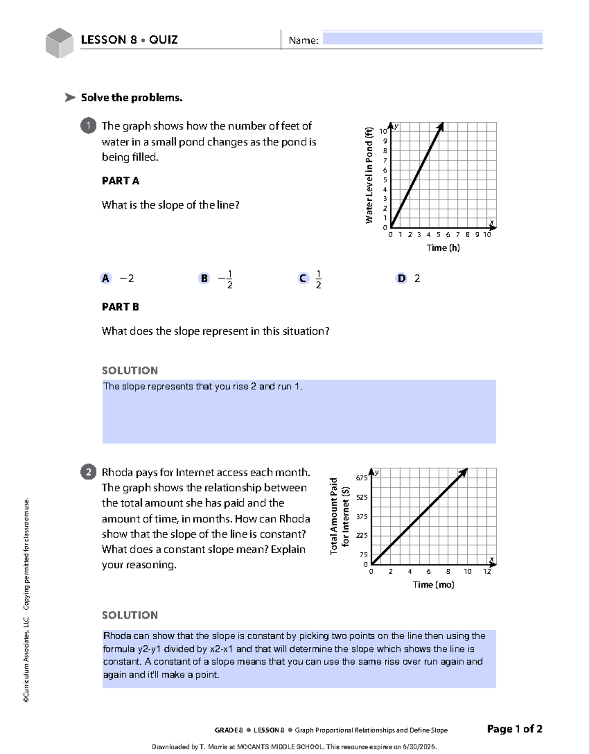 RCM08 NA CMS U03 L08 Lesson 8 Quiz: Graphing Proportional Relationships ...