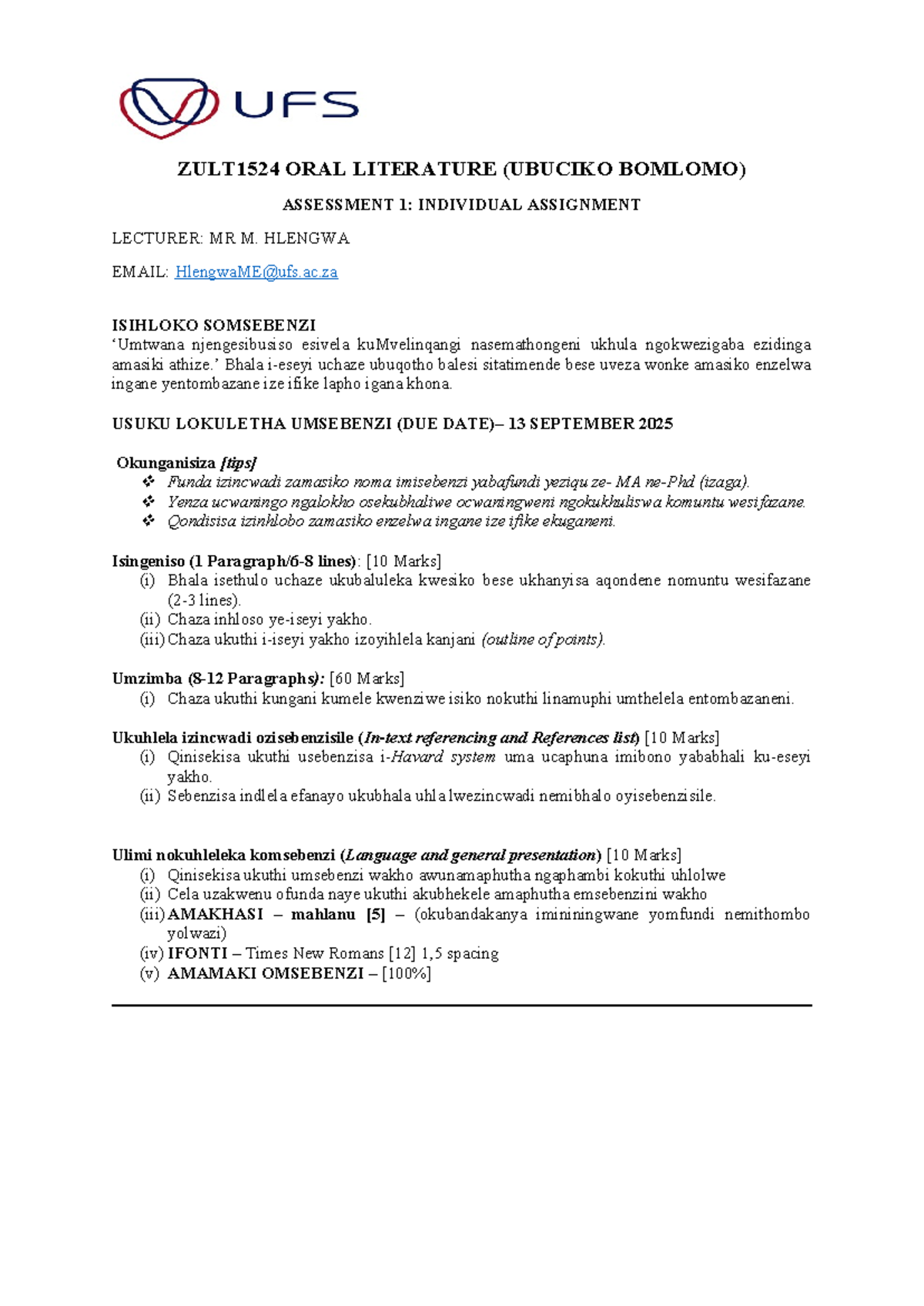ZULT1524 Oral Literature Assessment 1: Individual Assignment Guide ...