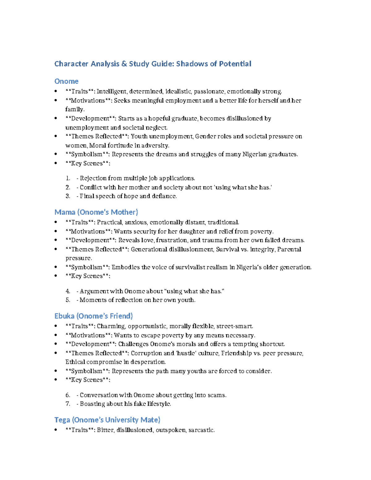 Character Analysis Study Guide: Shadows of Potential (ENG 101) - Studocu