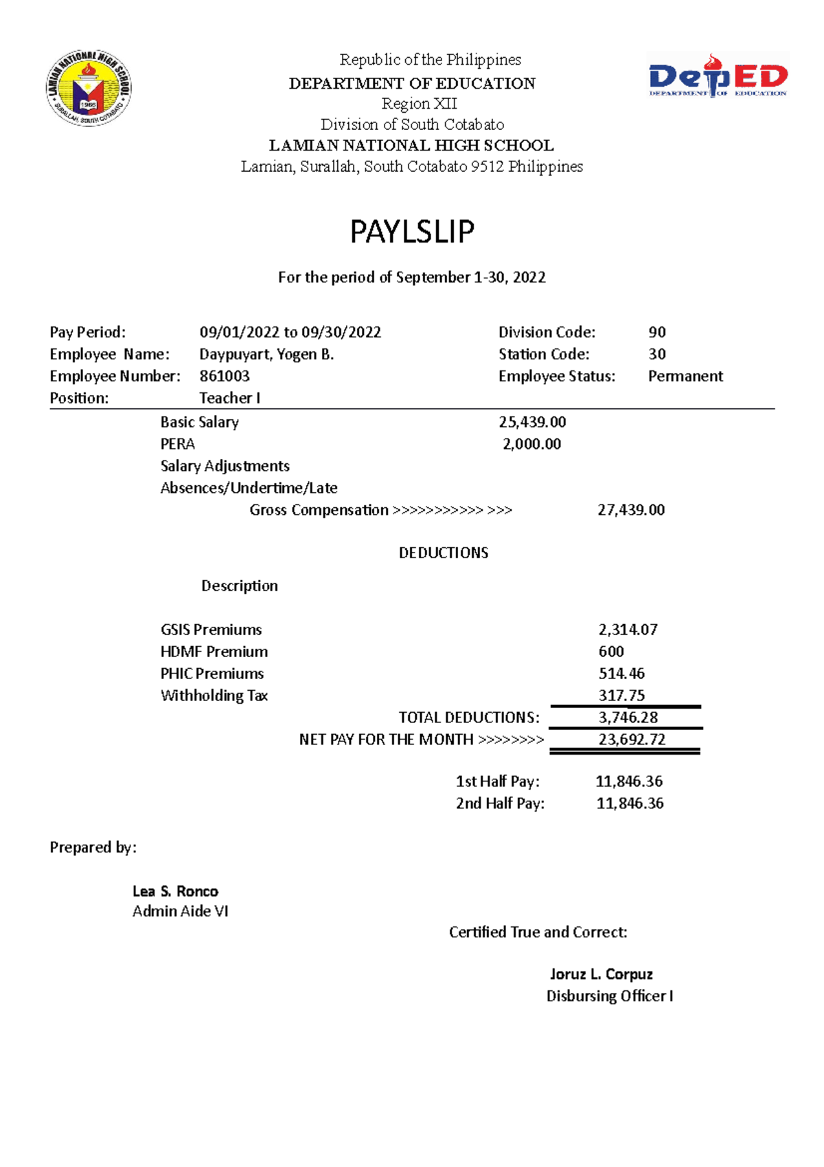 Payslip - YOGEN - Republic of the Philippines DEPARTMENT OF EDUCATION ...