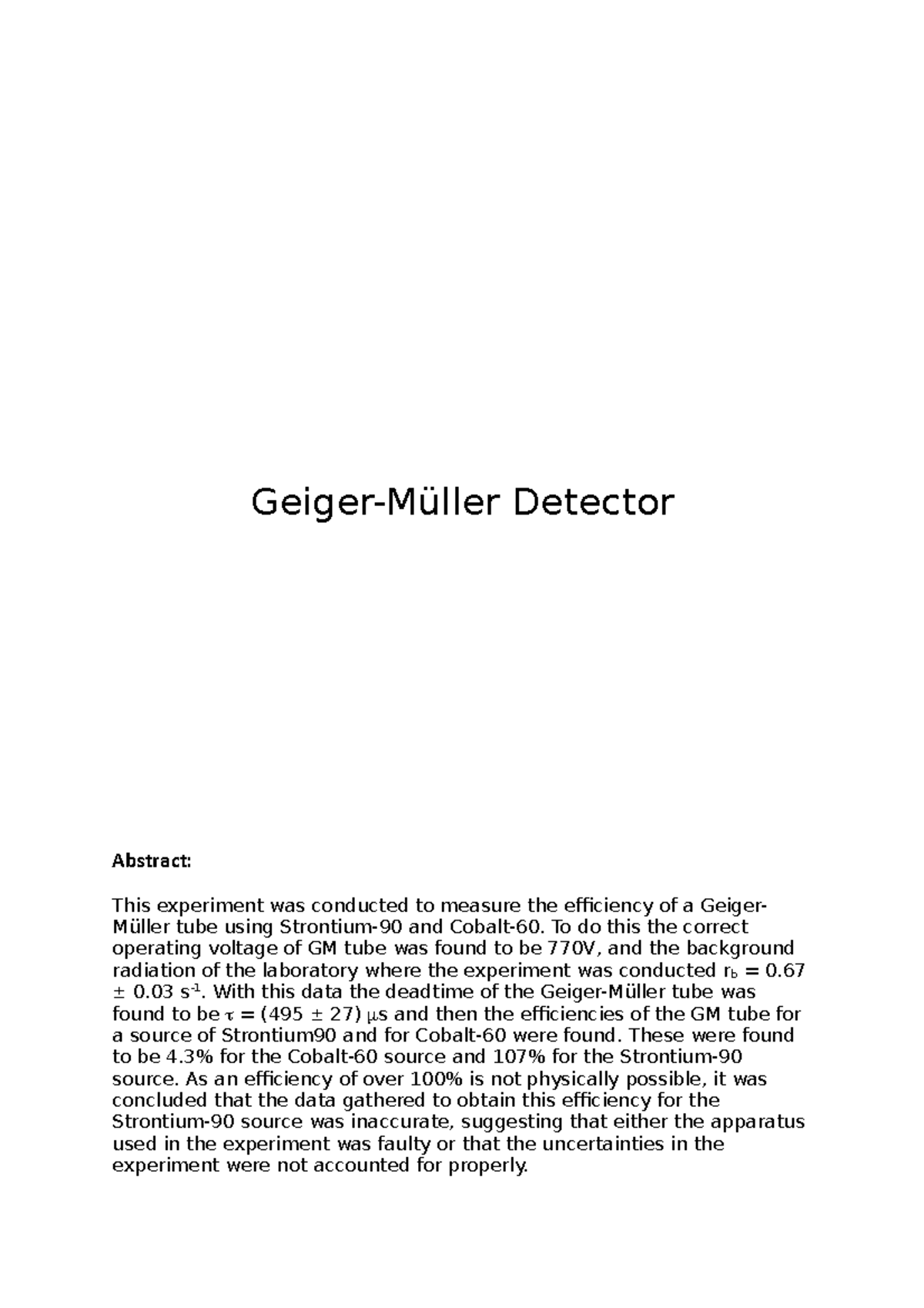 Geiger Müller Tube Lab Report 4 – Efficiency & Dead Time Analysis - Studocu