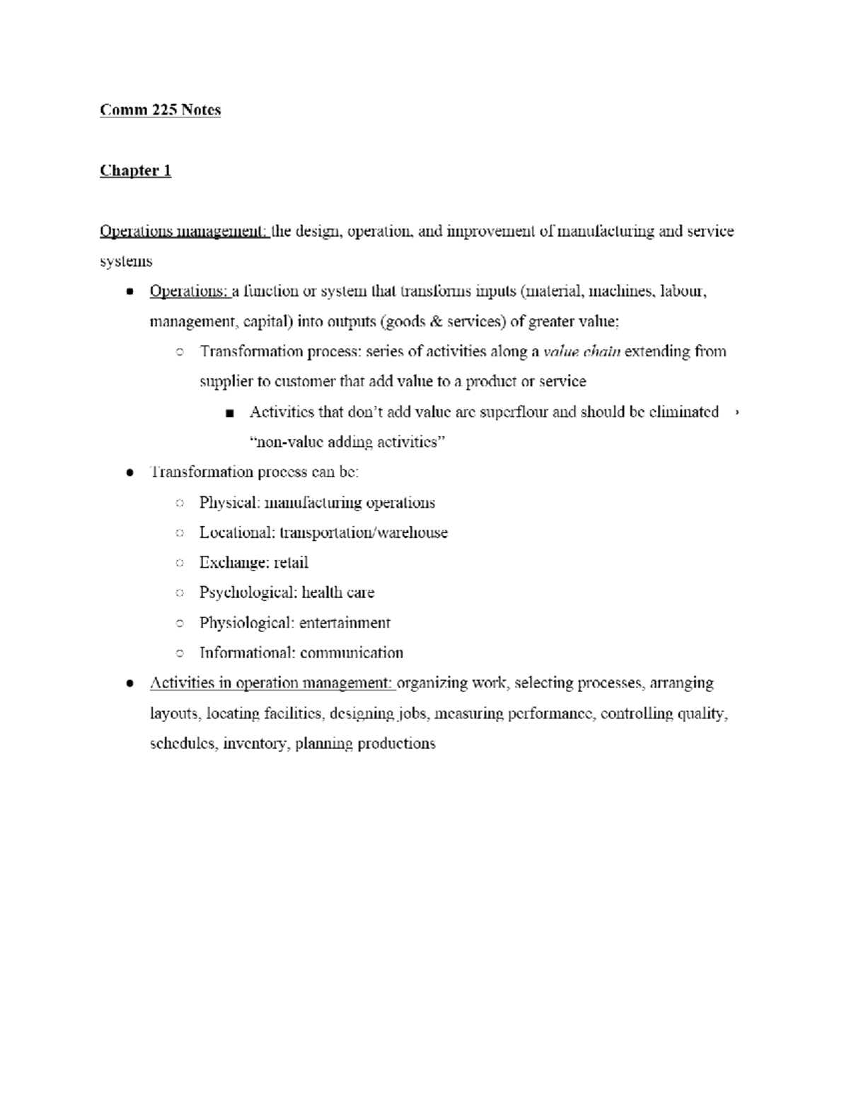 225 - Notes - Comm 225 Notes Chapter 1 Operations management: the ...