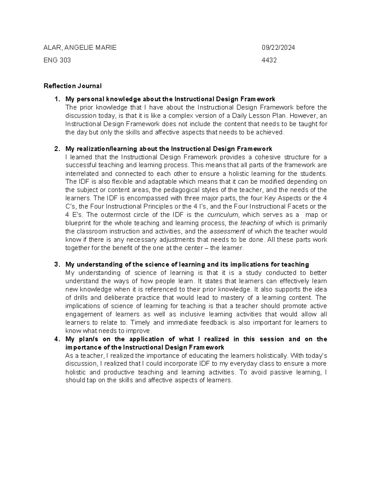 ENG 303 Reflection Journal: Insights on Instructional Design Framework - Studocu