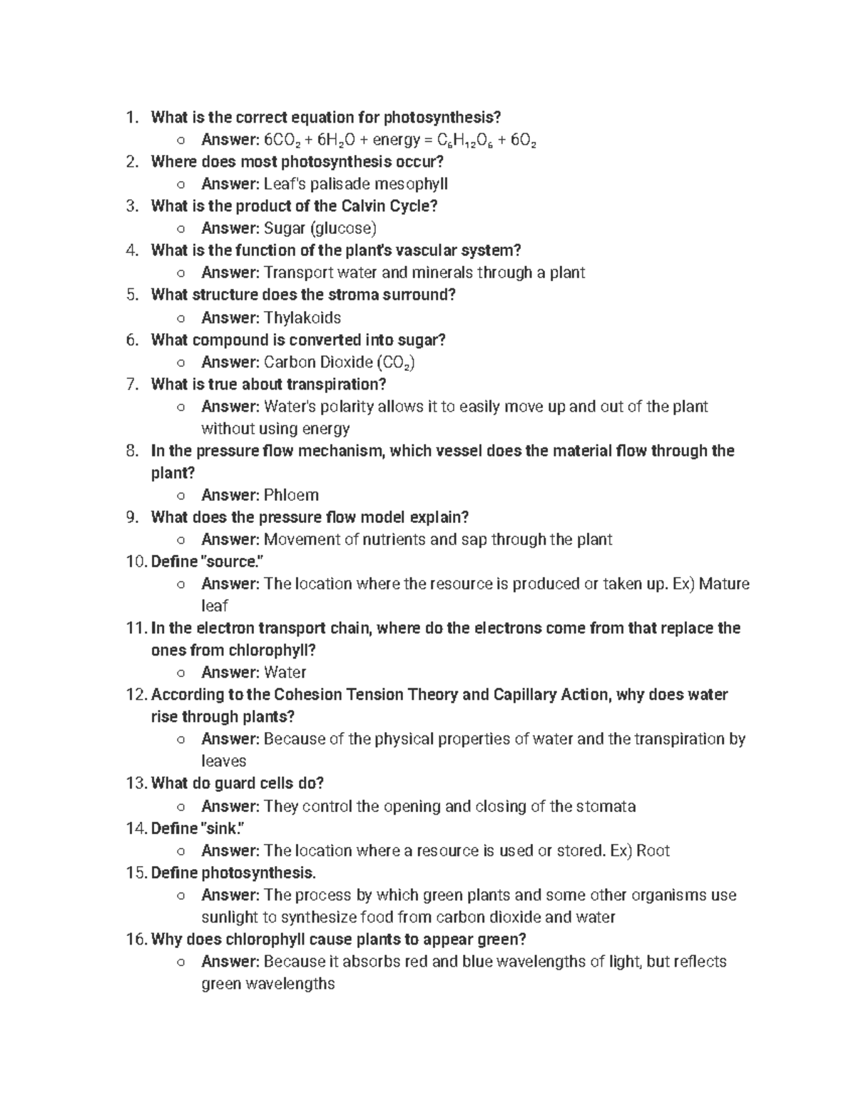 Biology Quiz (BIO101): Photosynthesis & Plant Functions Answers - Studocu