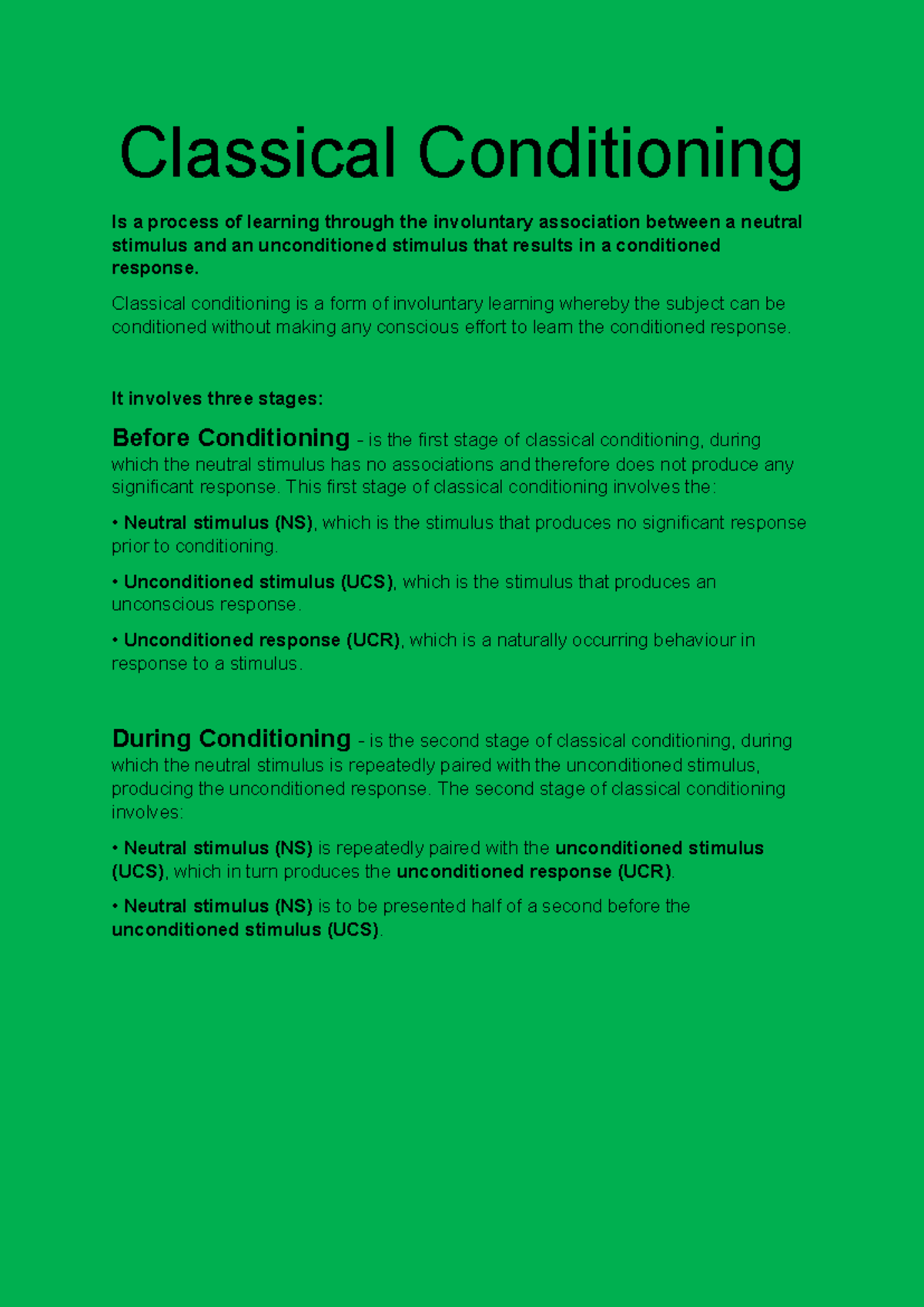 Classical Conditioning - Classical conditioning is a form of involuntary learning whereby the ...