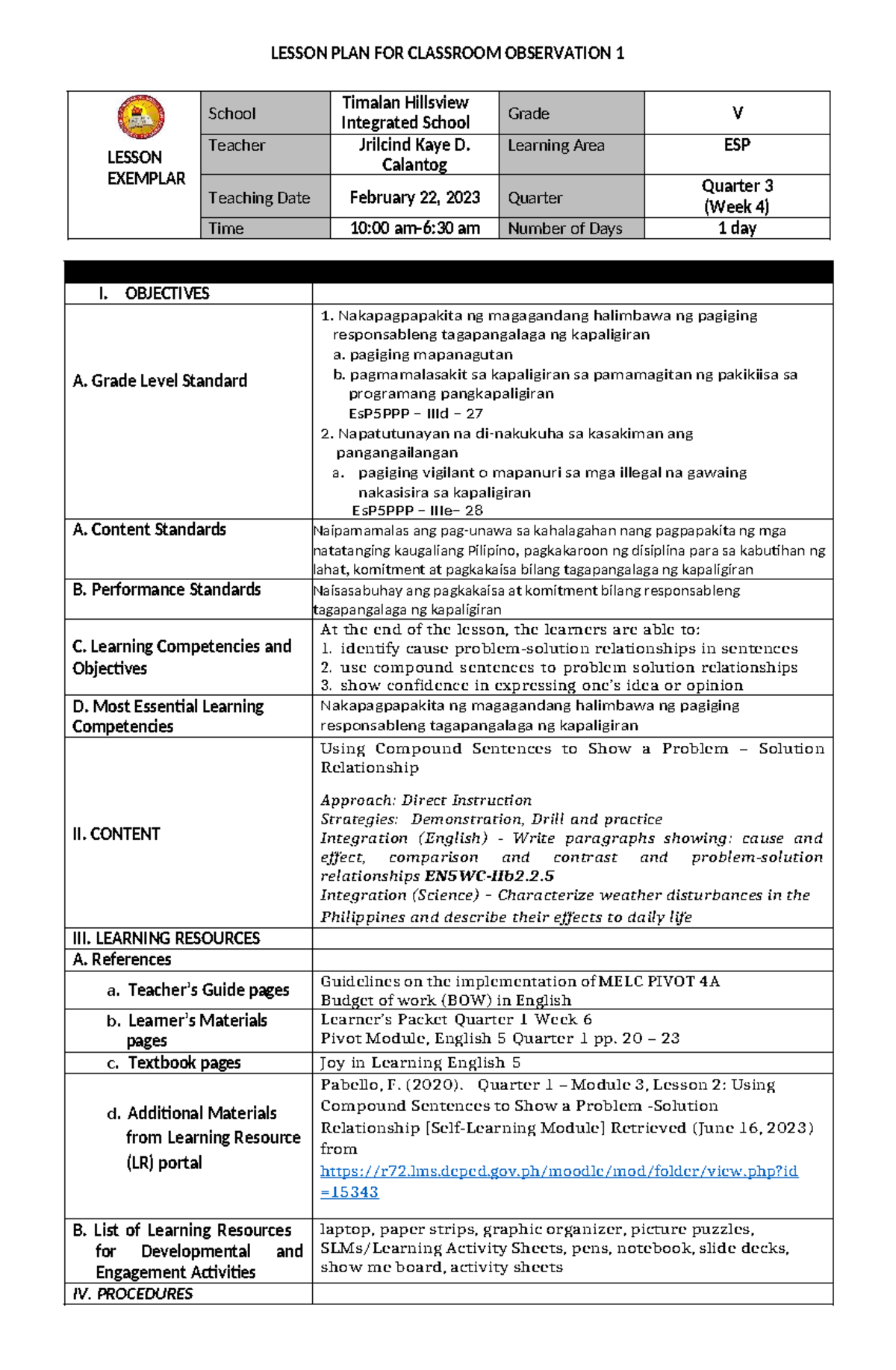 ESP 5 Q3 WEEK 4 Lesson Plan: Using Compound Sentences for Problem ...