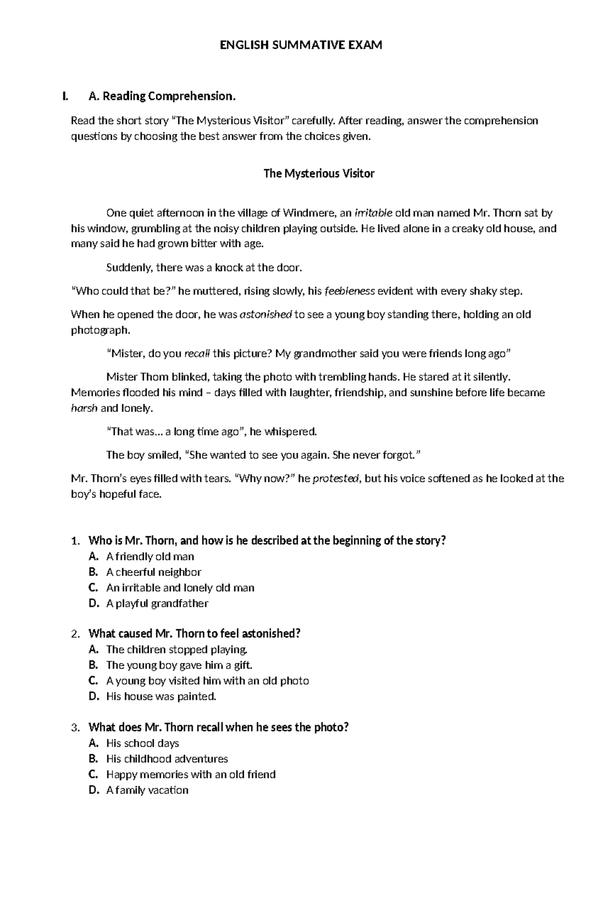 ENGLISH SUMMATIVE EXAM I: Reading Comprehension on "The Mysterious ...