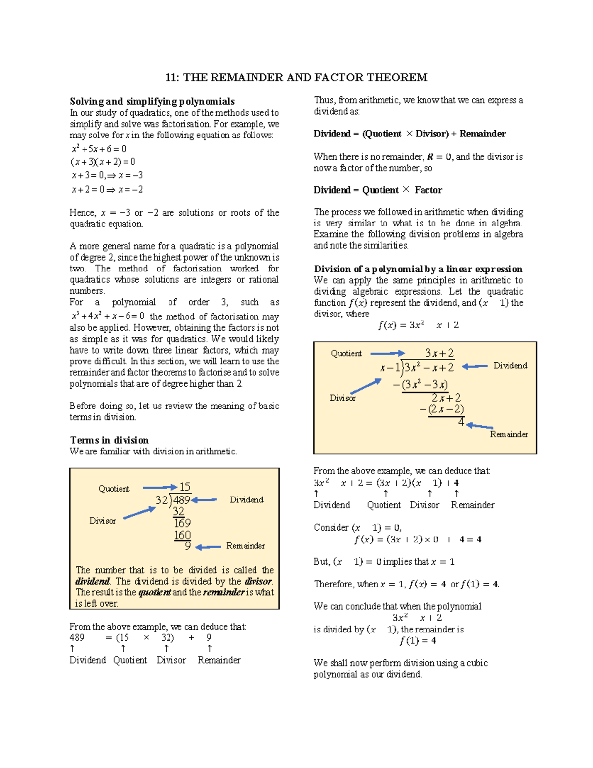 11: Remainder & Factor Theorem in Polynomial Solutions - Studocu