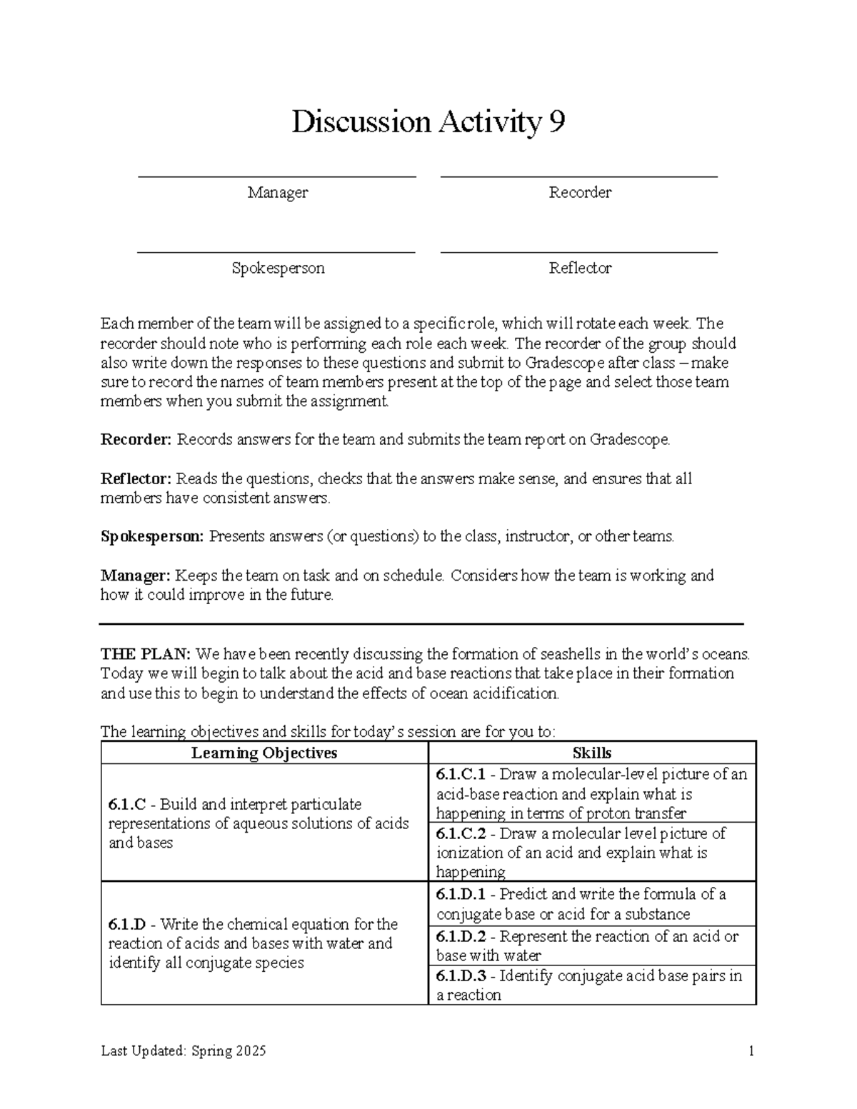 Discussion Activity 9: Roles in Team Chemistry and Acid-Base Reactions ...
