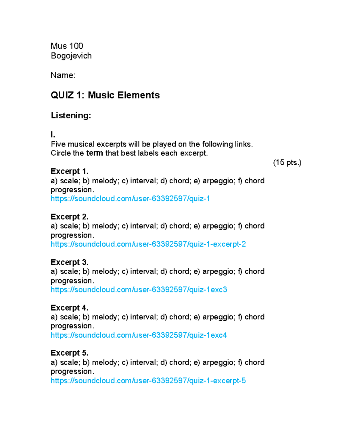 Mus 100 Quiz 1: Music Elements Listening & Definitions - Studocu