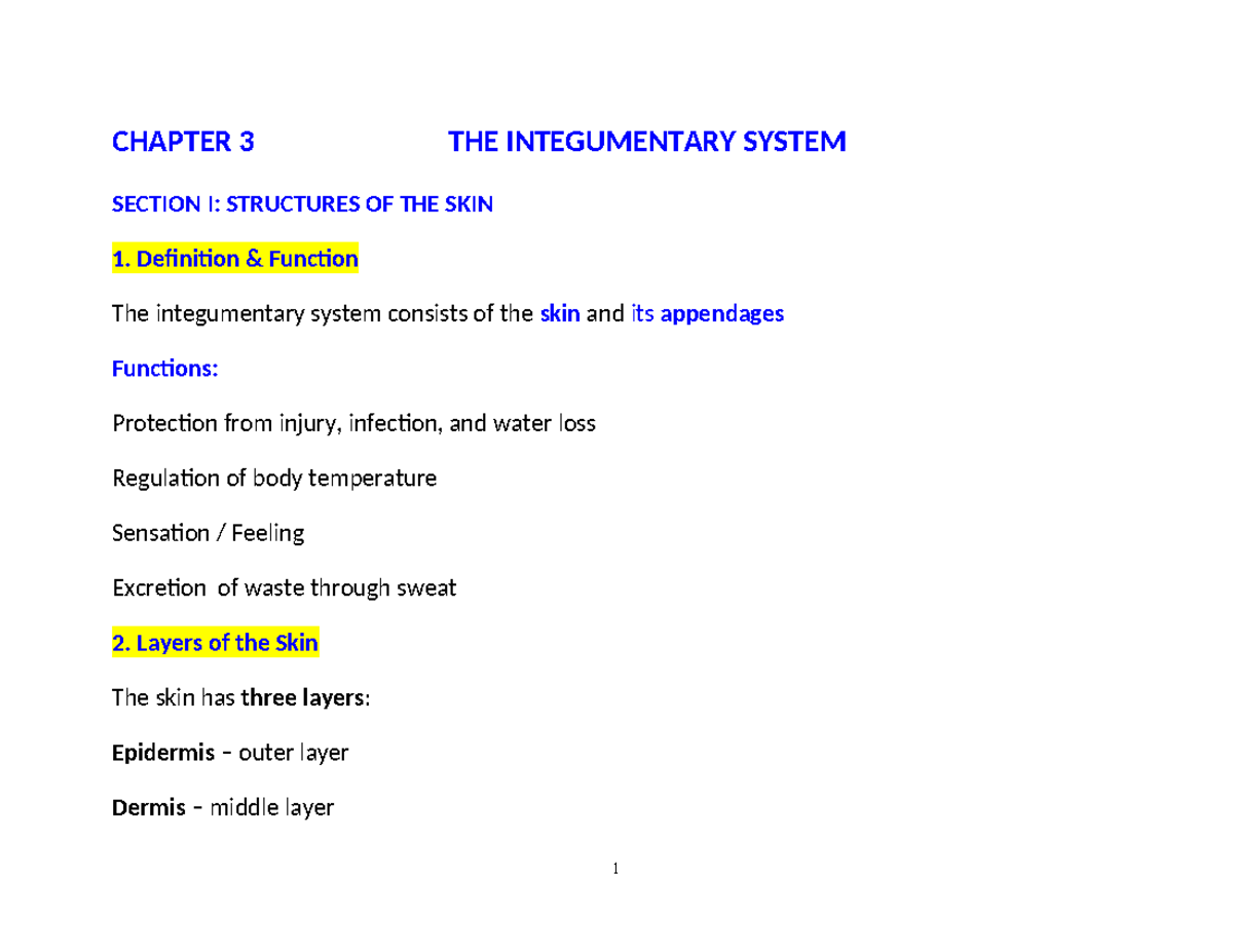 HS25 CHAPTER 3: INTEGUMENTARY SYSTEM STRUCTURES & FUNCTIONS - Studocu