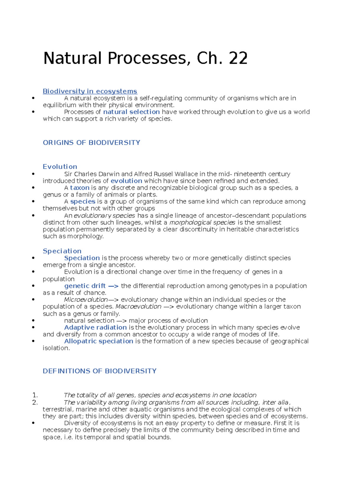 Chapter Summary of Natural Processes: Biodiversity & Ecosystem Dynamics ...