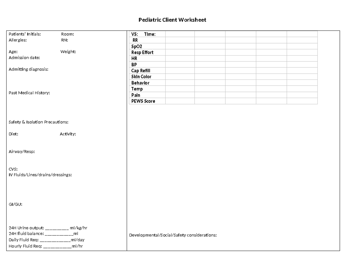 Pediatric Client Worksheet Winter 2026 - Pediatric Client Worksheet ...