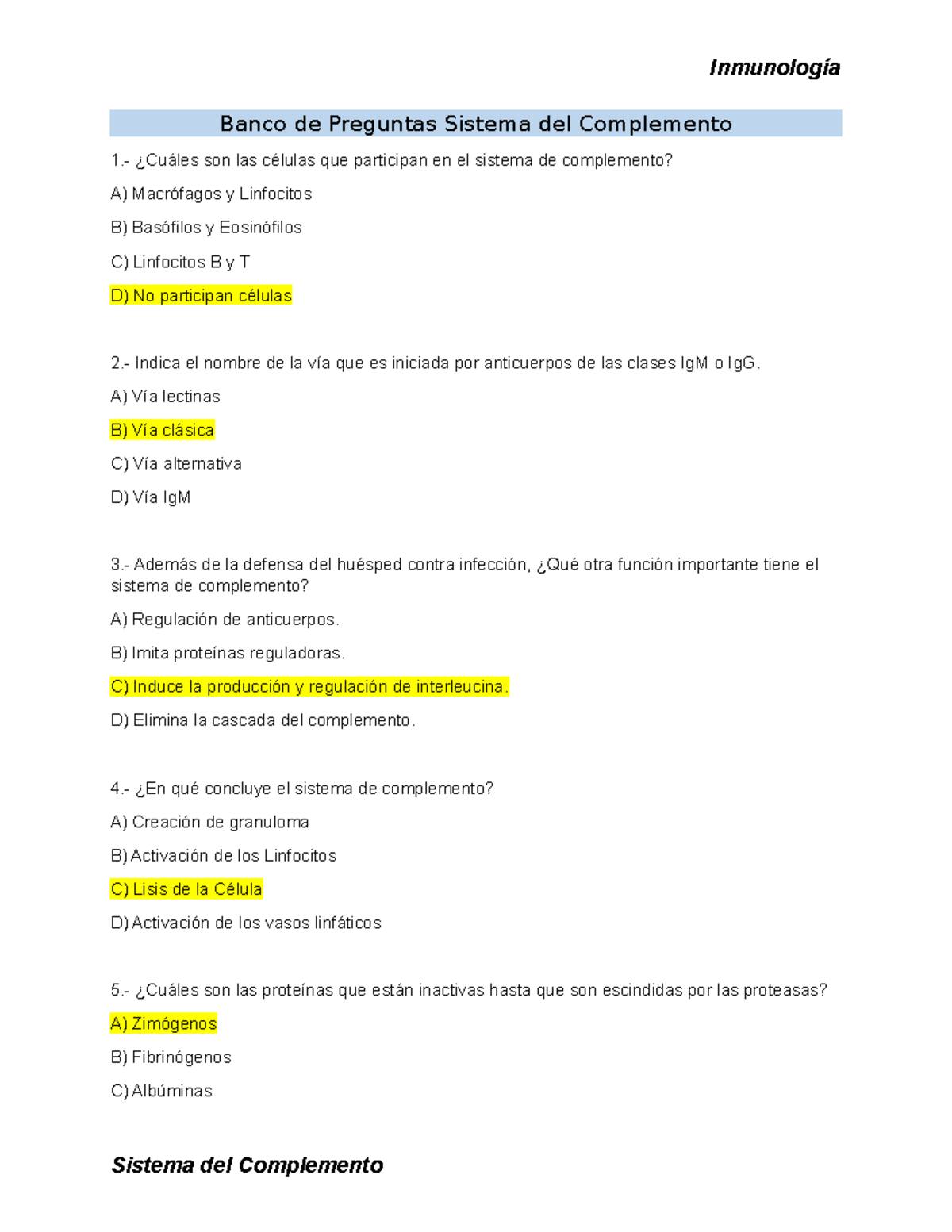 Banco de Preguntas Cap.6 Sistema del Complemento y Citocinas - Studocu