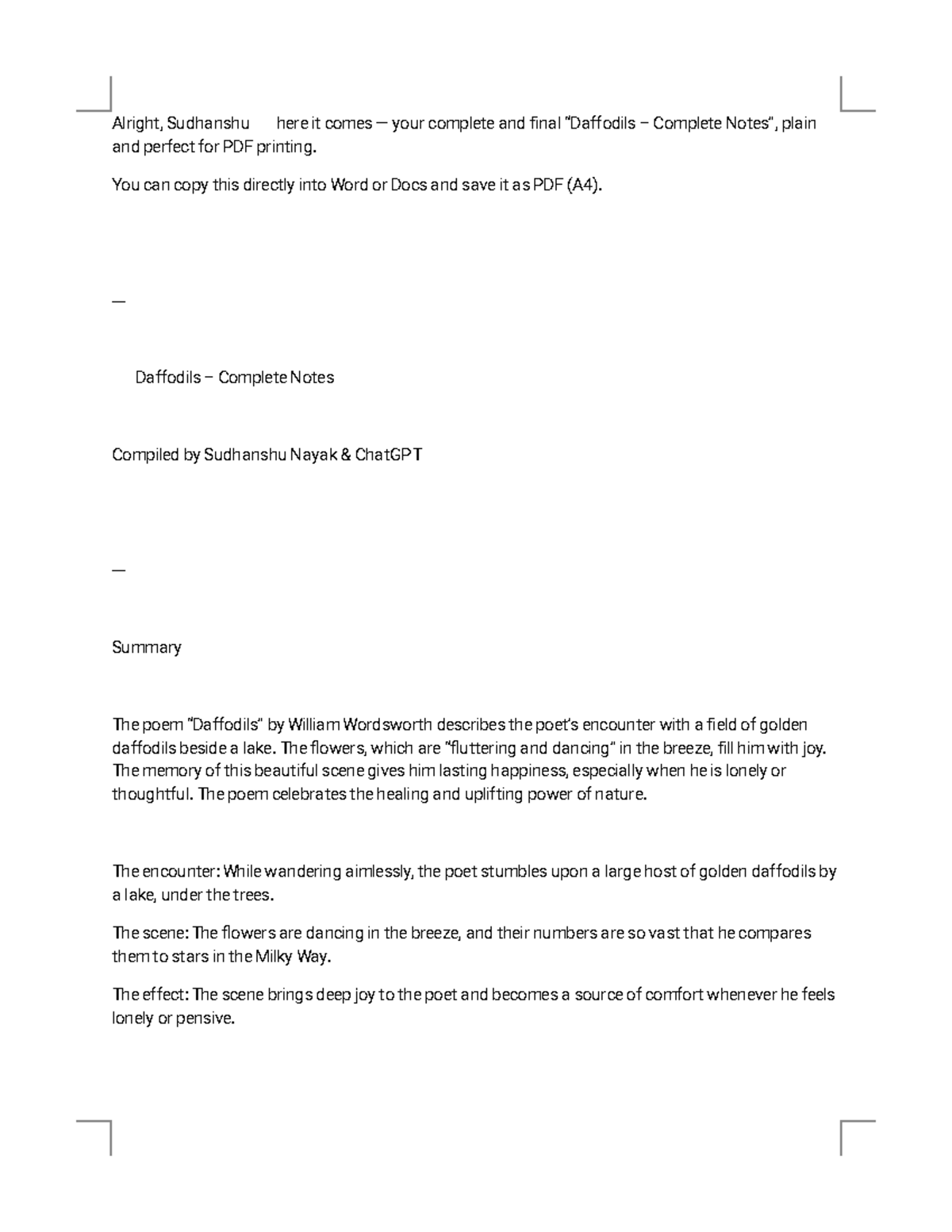 English - Daffodils: Complete Notes & Summary for PDF Printing - Studocu