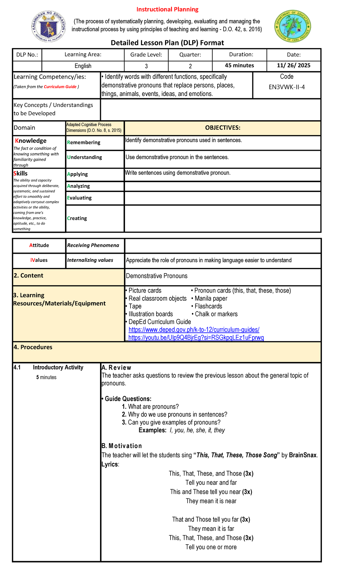 Detailed Lesson Plan (DLP) on Demonstrative Pronouns for English 3 ...