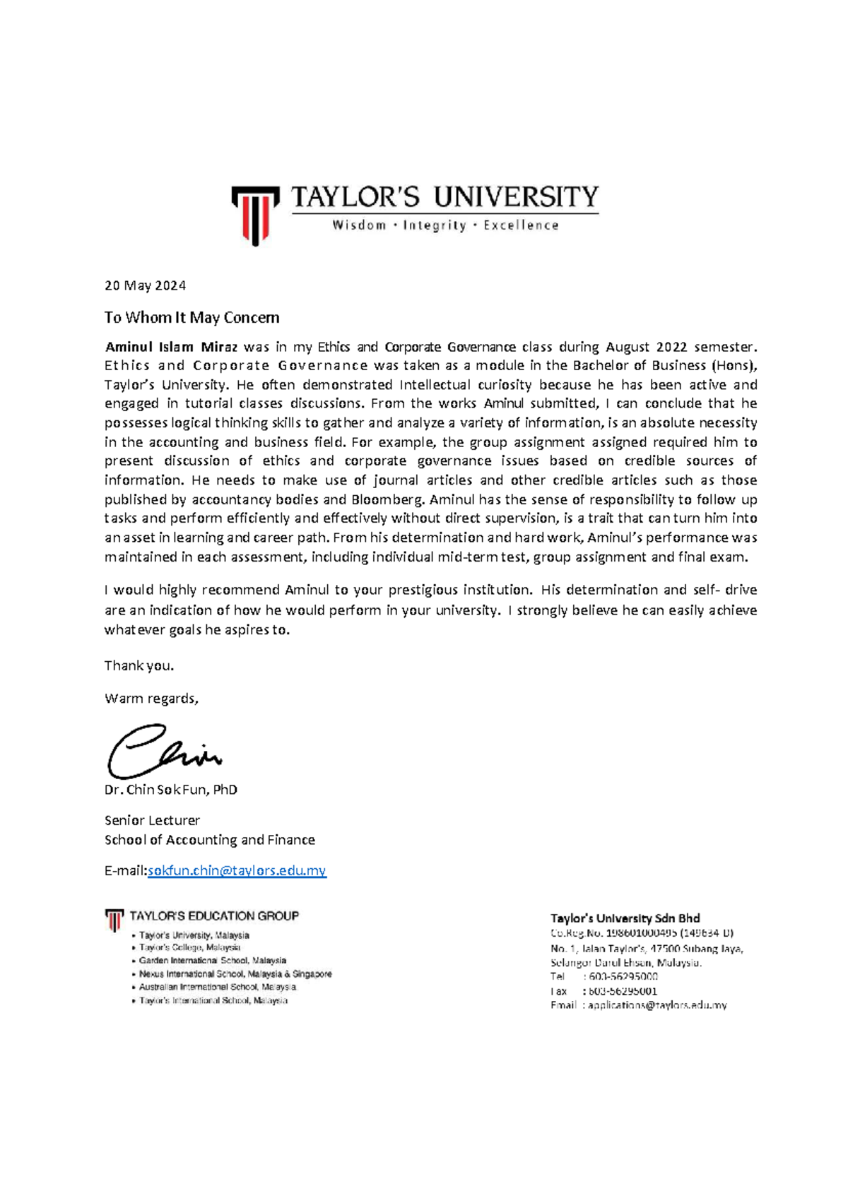Recommendation Letter for Aminul Islam Miraz - Ethics & Corp Gov - Studocu
