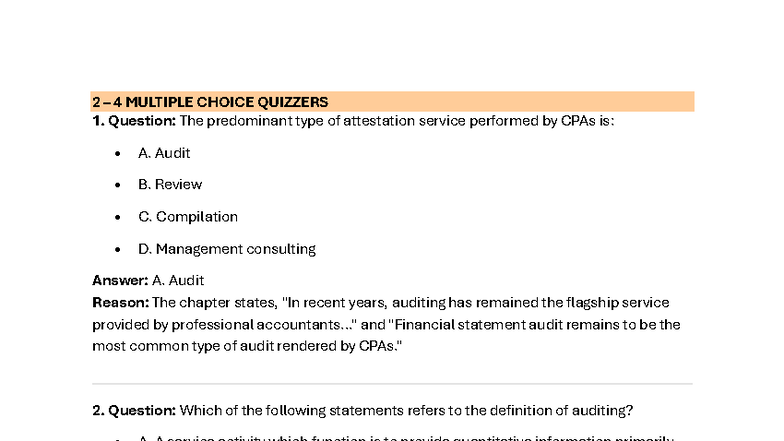 Chapter 2 MCQs - Auditing Concepts and Practices - Studocu