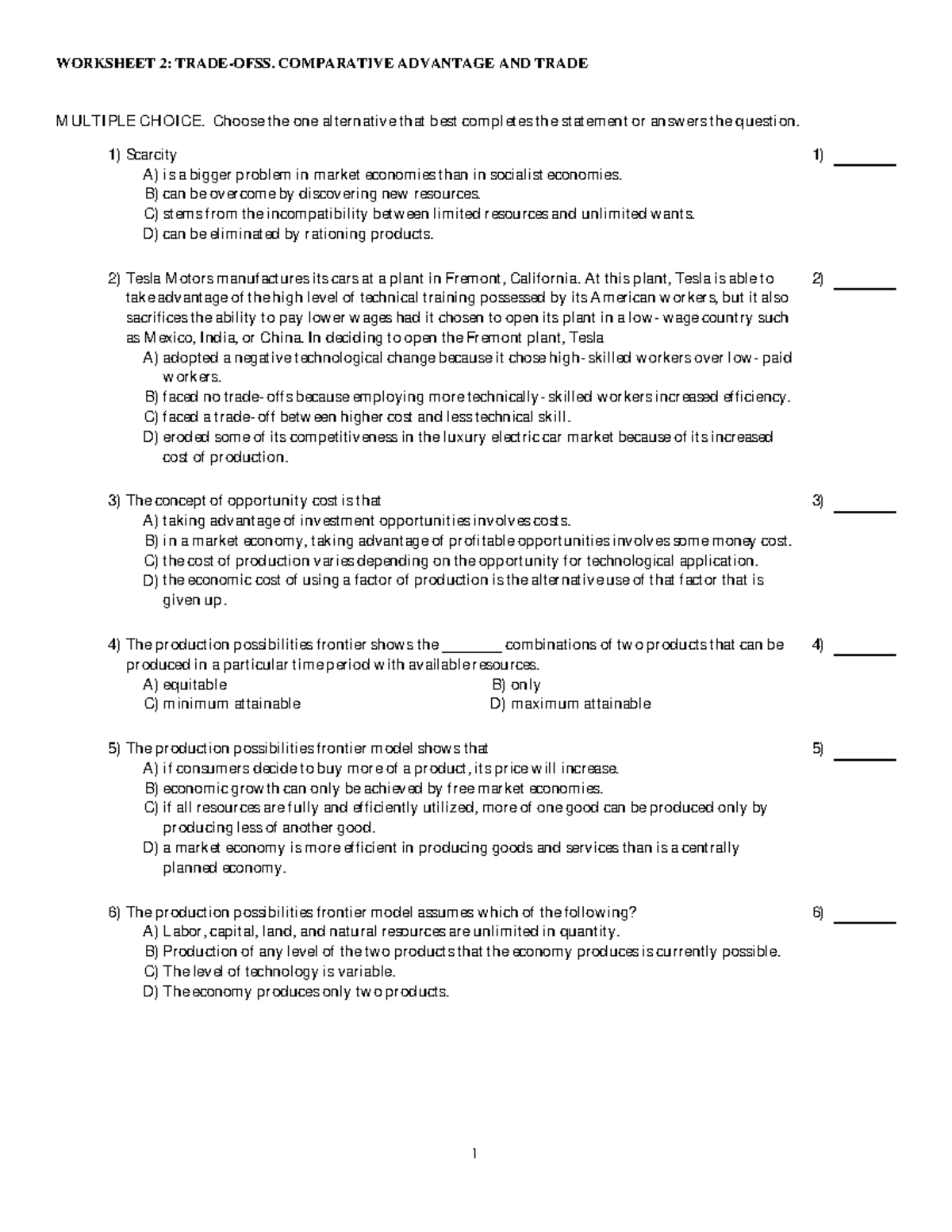 Worksheet 2: Comparative Advantage and Trade (PPF) - Studocu