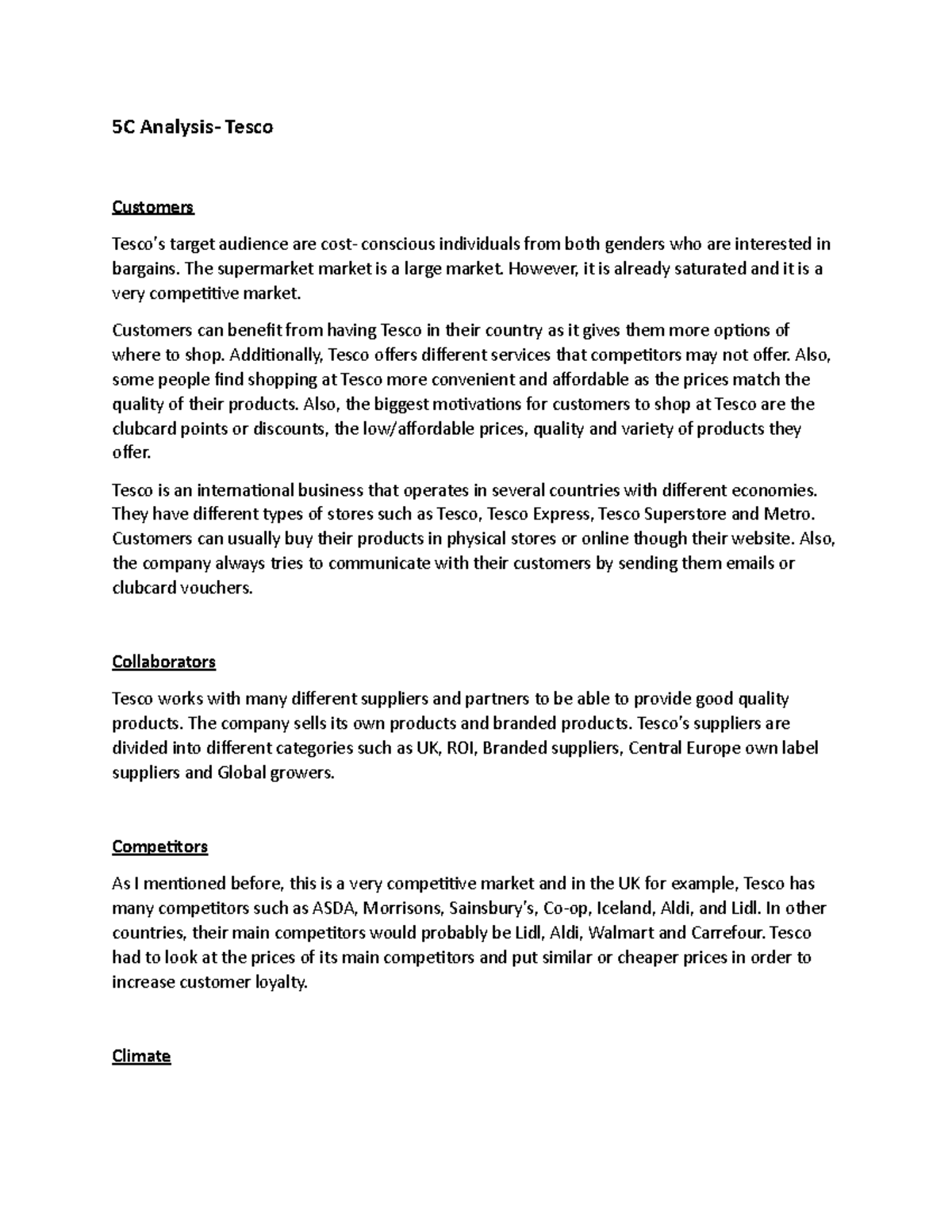 5C Analysis of Tesco: Market Position and Strategies - Ihliub - Studocu