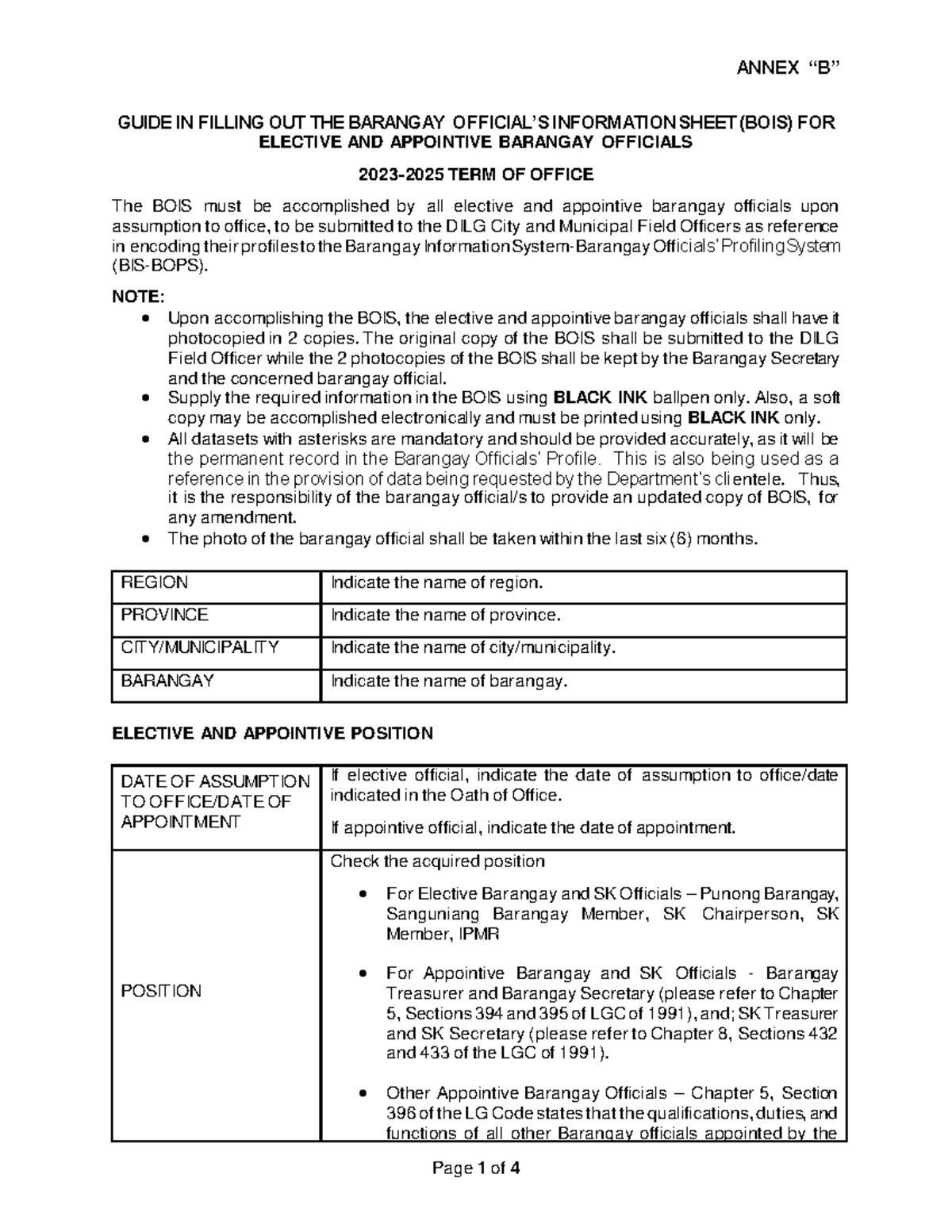Barangay Official's Information Sheet (BOIS) Filling Guide 2023-2025 ...