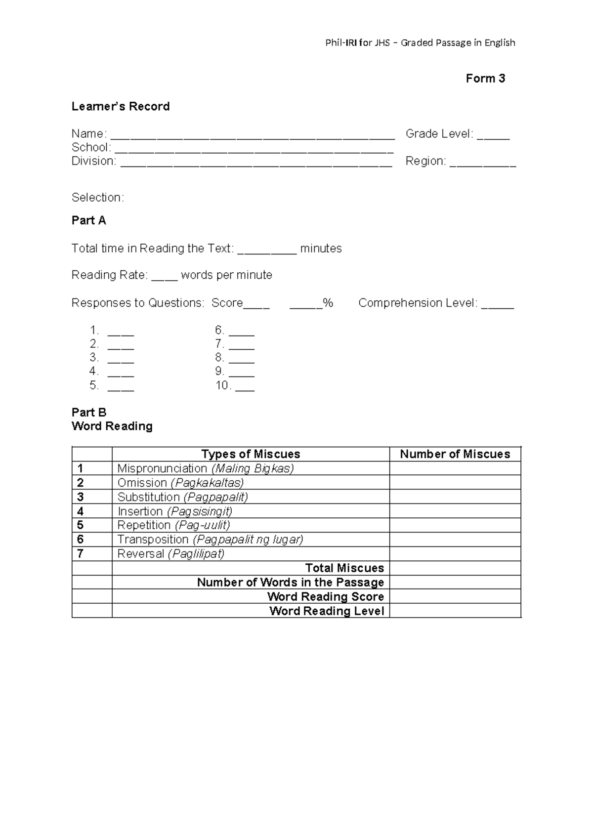 Philippine Reading Inventory Form 3 - Phil-IRI for JHS – Graded Passage ...