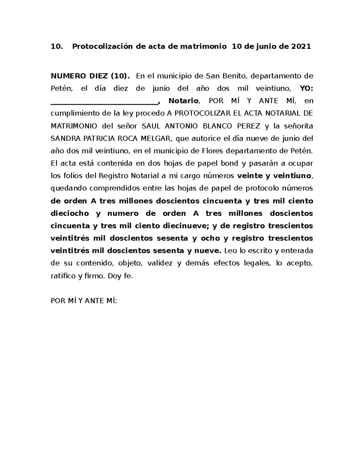 Protocolización Acta de Matrimonio Civil - San Benito, 10 de junio 2021 - Studocu