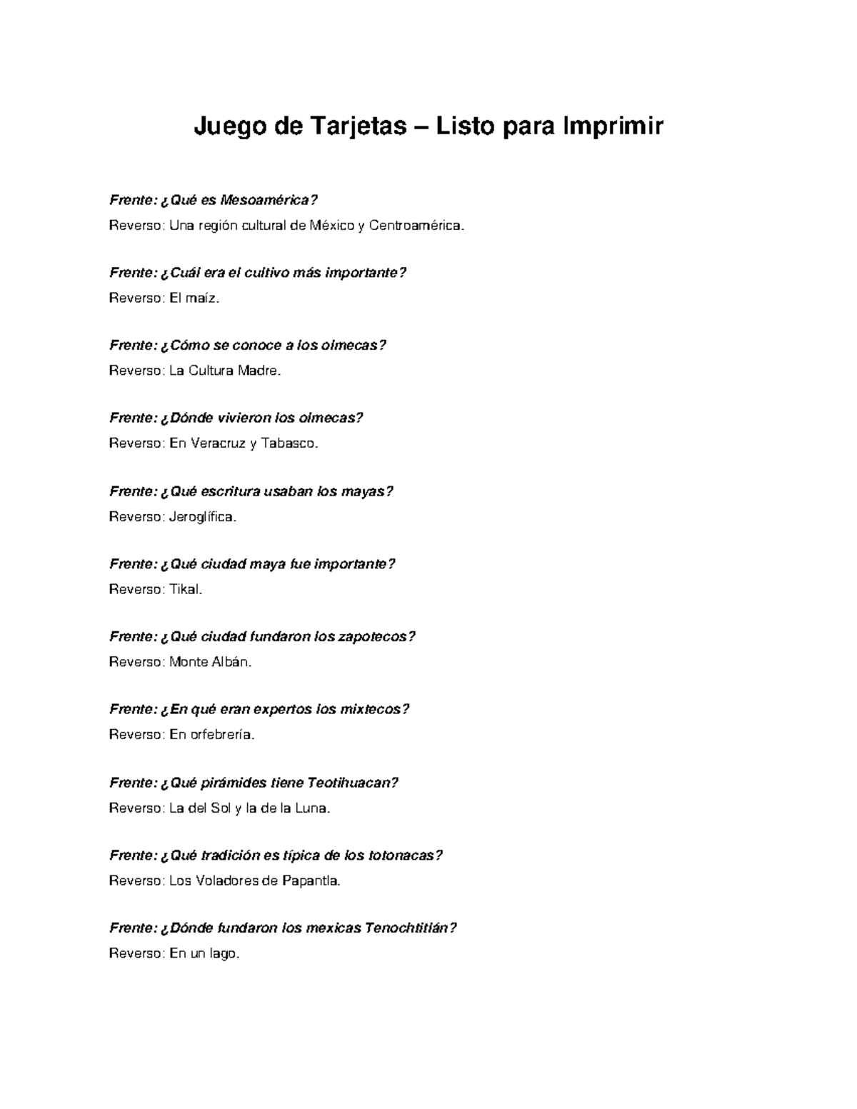 Tarjetas Mesoamérica: Repaso Civilizaciones Antiguas de México - Studocu