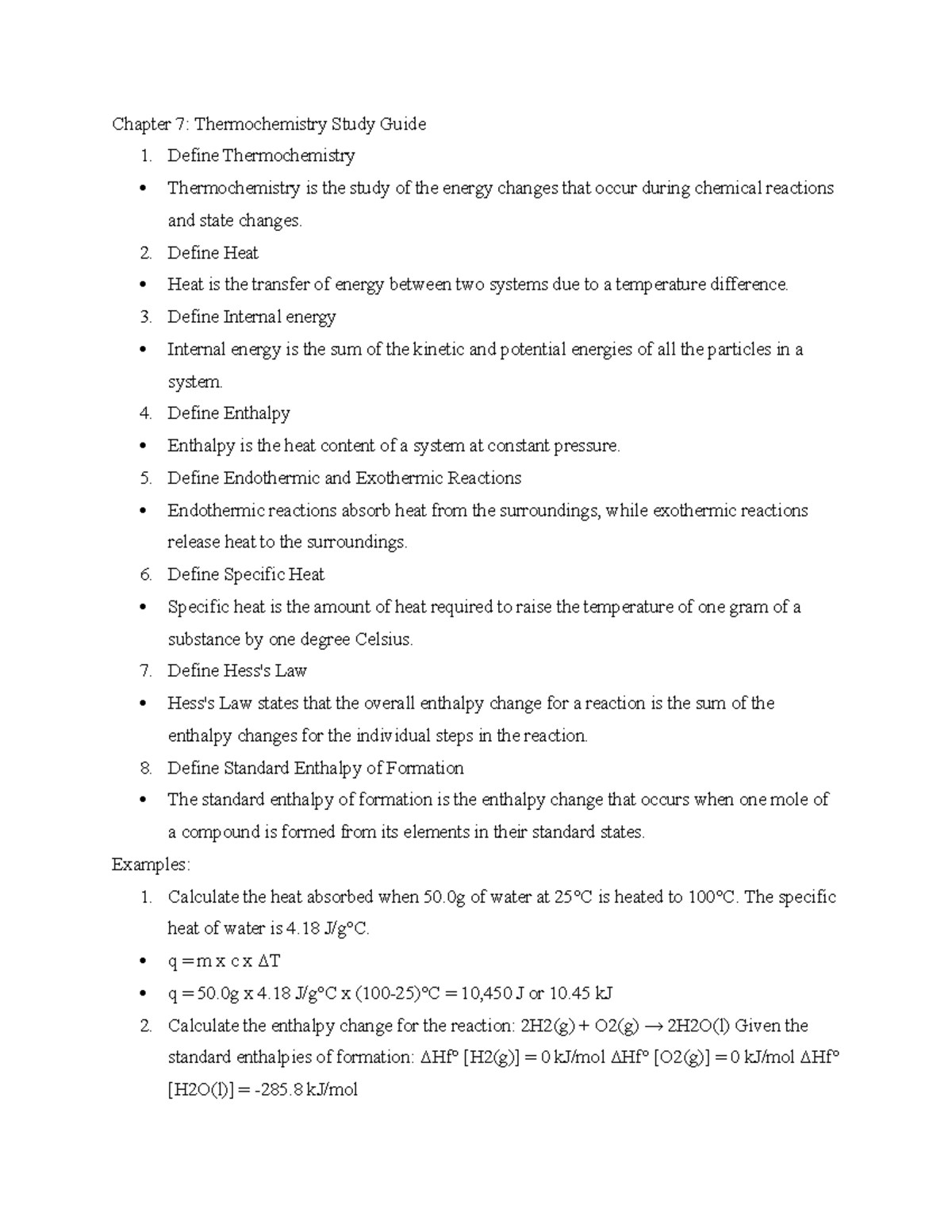 Chapter 7-9 study guide - Chapter 7: Thermochemistry Study Guide 1 ...
