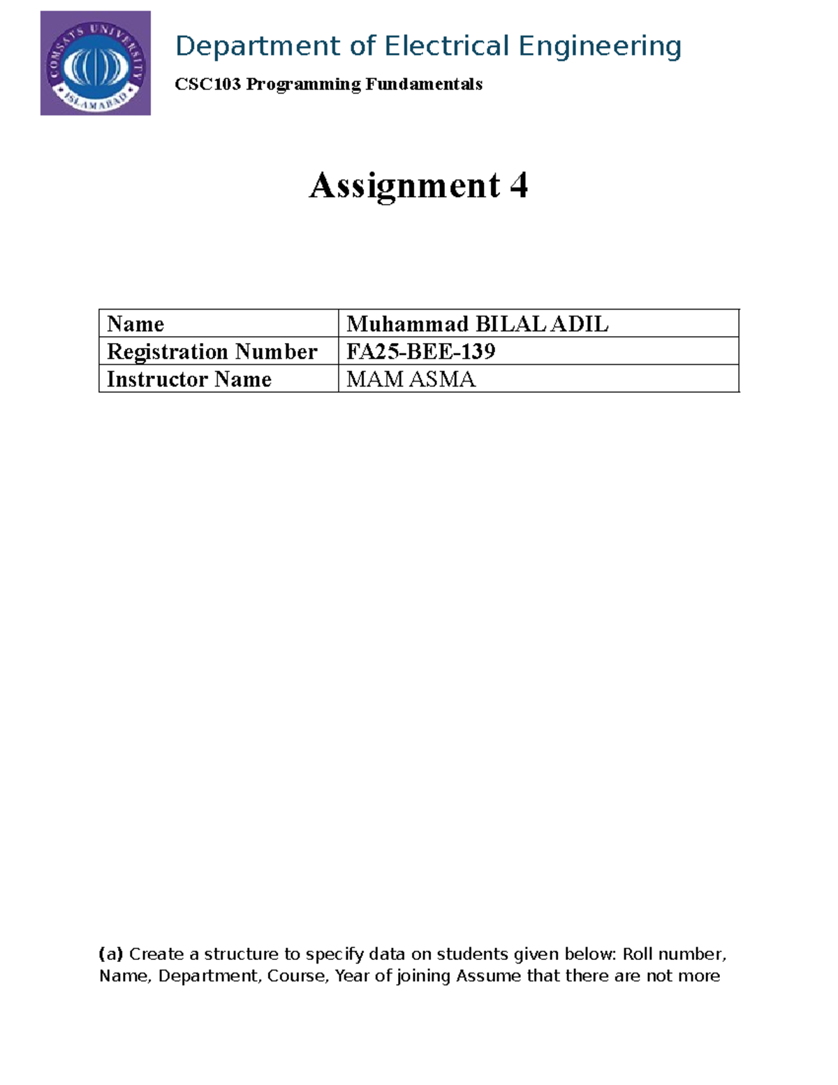 CSC103 Programming Fundamentals Assignment 4: Structures & Functions ...