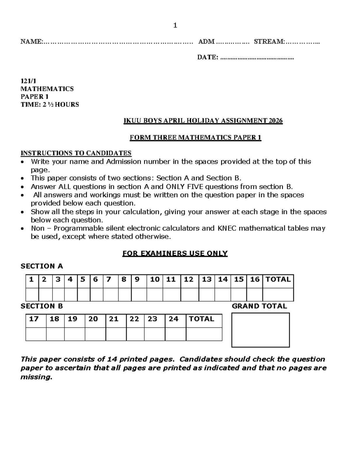 Maths F3 April Holiday Assignment 2026 - Paper 1 - Studocu