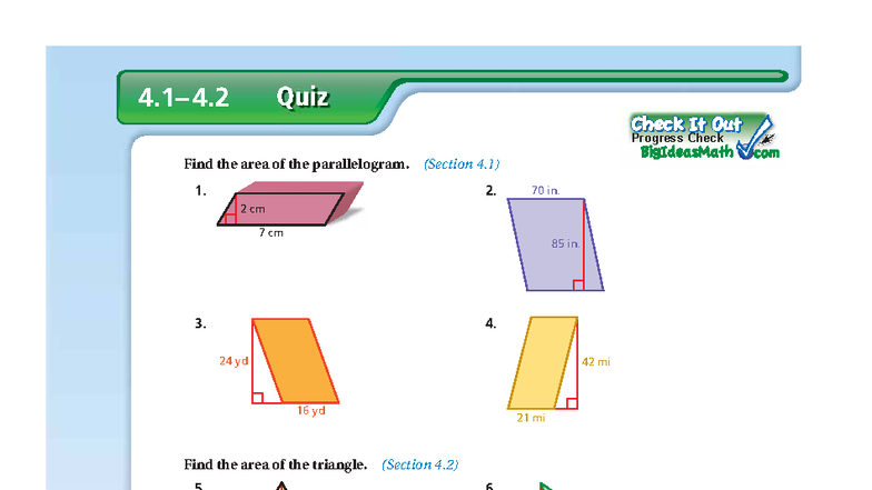 6th Grade Ch 4.1-4.2 Quiz - Area of Parallelograms & Triangles - Studocu