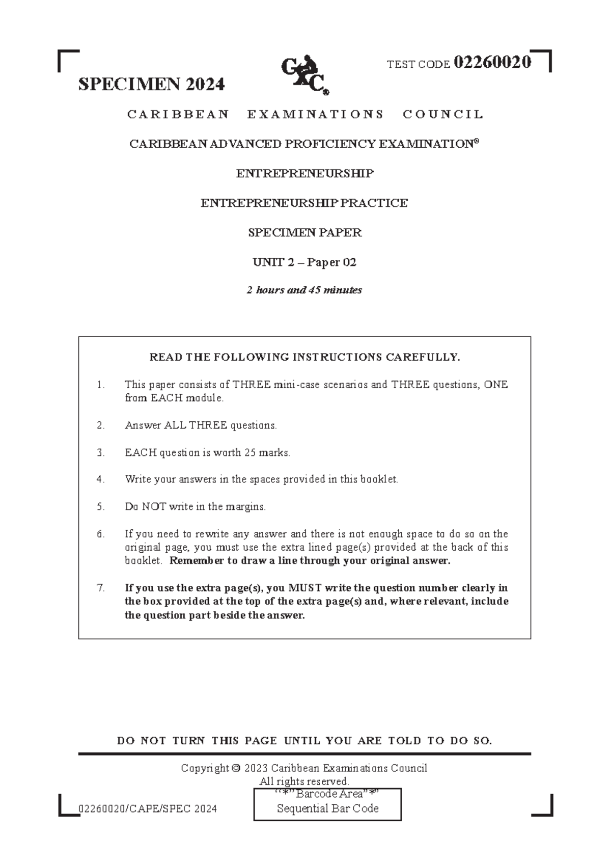 CAPE Entrepreneurship Unit 2 Specimen Paper 2 - 2024 Insights - Studocu