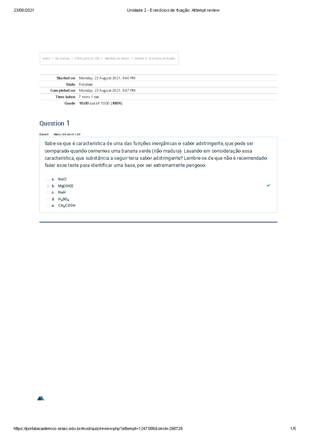 Unidade 2 - Exercícios de fixação Attempt review - Home /My Courses ...