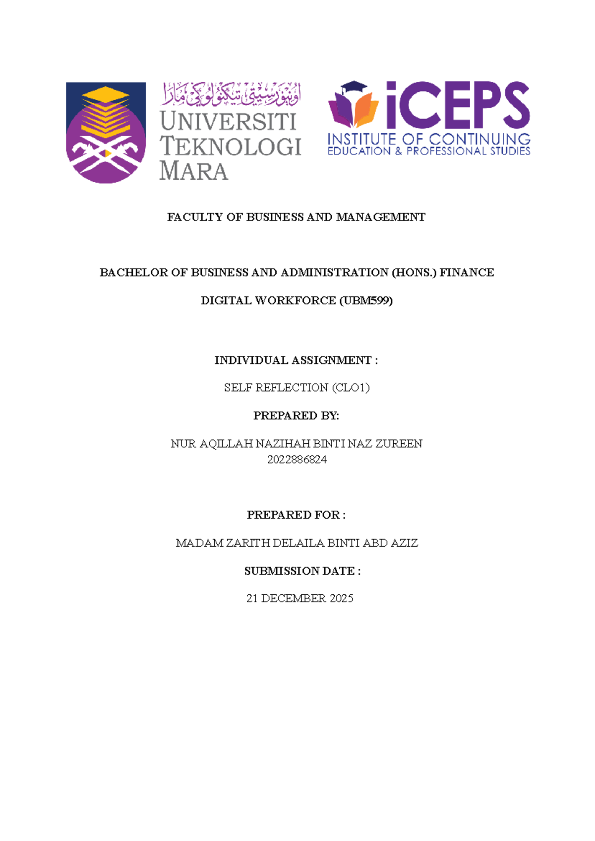 UBM 599 Individual Assignment: Self Reflection on Digital Workforce ...