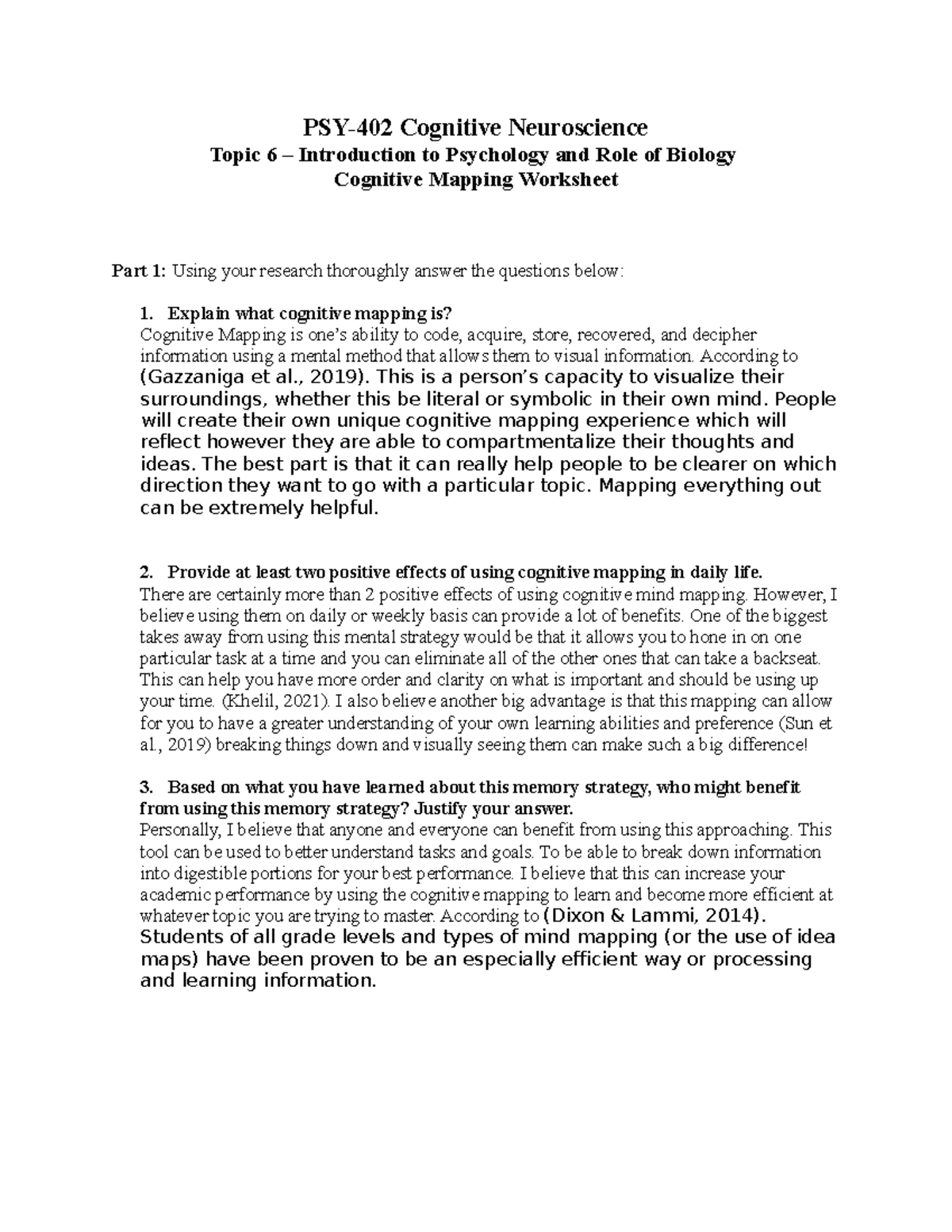 Cognitive Mapping Worksheet - PSY-402 Cognitive Neuroscience Topic 6 ...