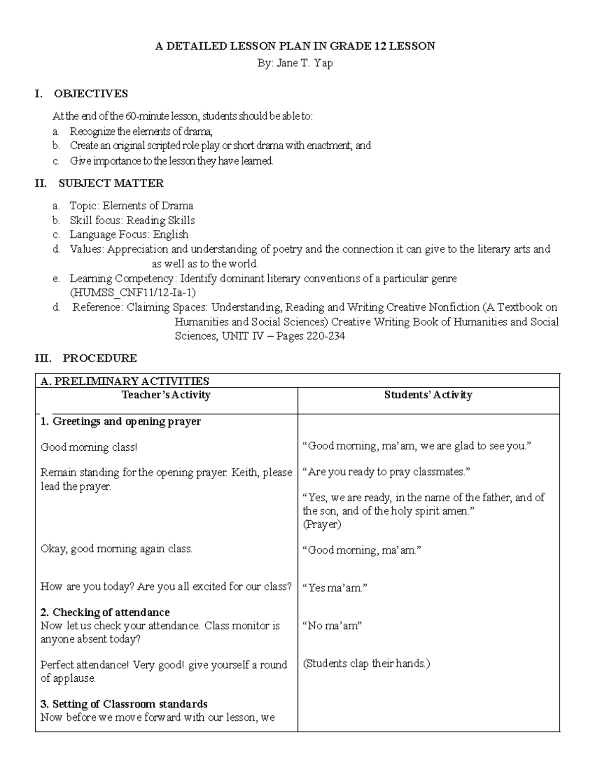 4AS ^JA Detailed Lesson Plan: Elements of Drama for Grade 12 - Studocu