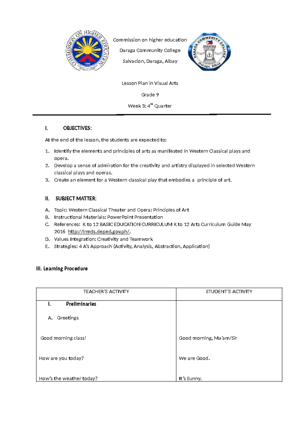 Final Lesson Plan: Grade 9 Arts - Western Classical Theater & Opera ...